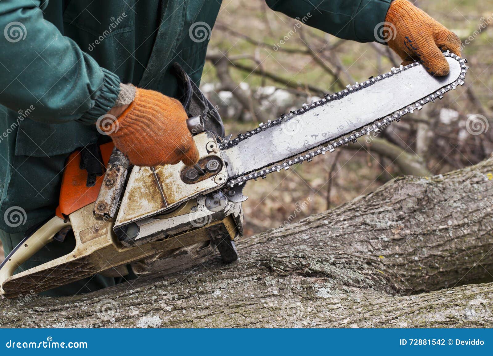 Chainsaw in a hands stock photo. Image of gloves, sawmill - 72881542