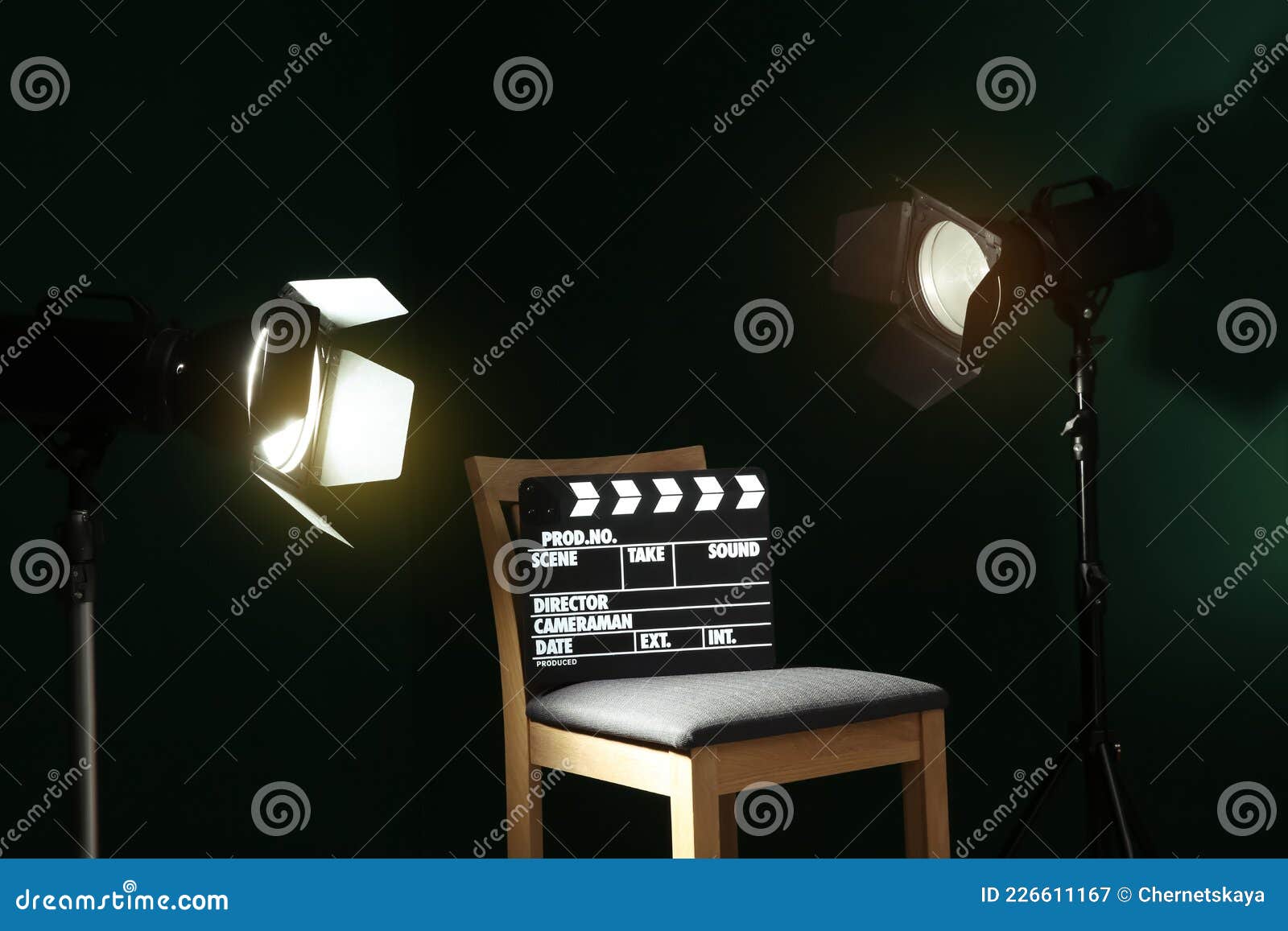 Chair with Clapperboard Under Spotlight in Studio Stock Image - Image ...