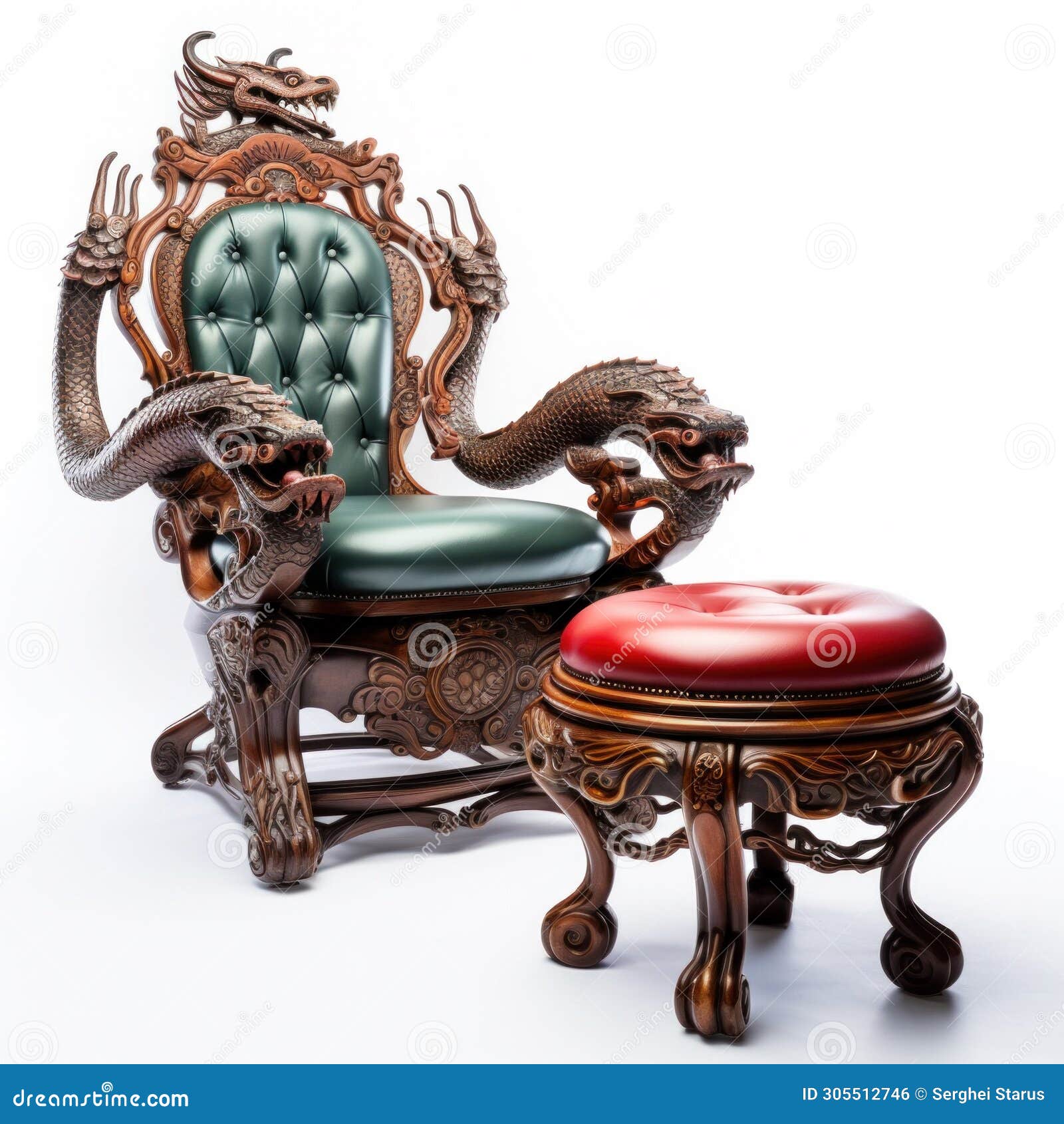 A Chair with a Dragon Head and Footstool Next To it, AI Stock ...