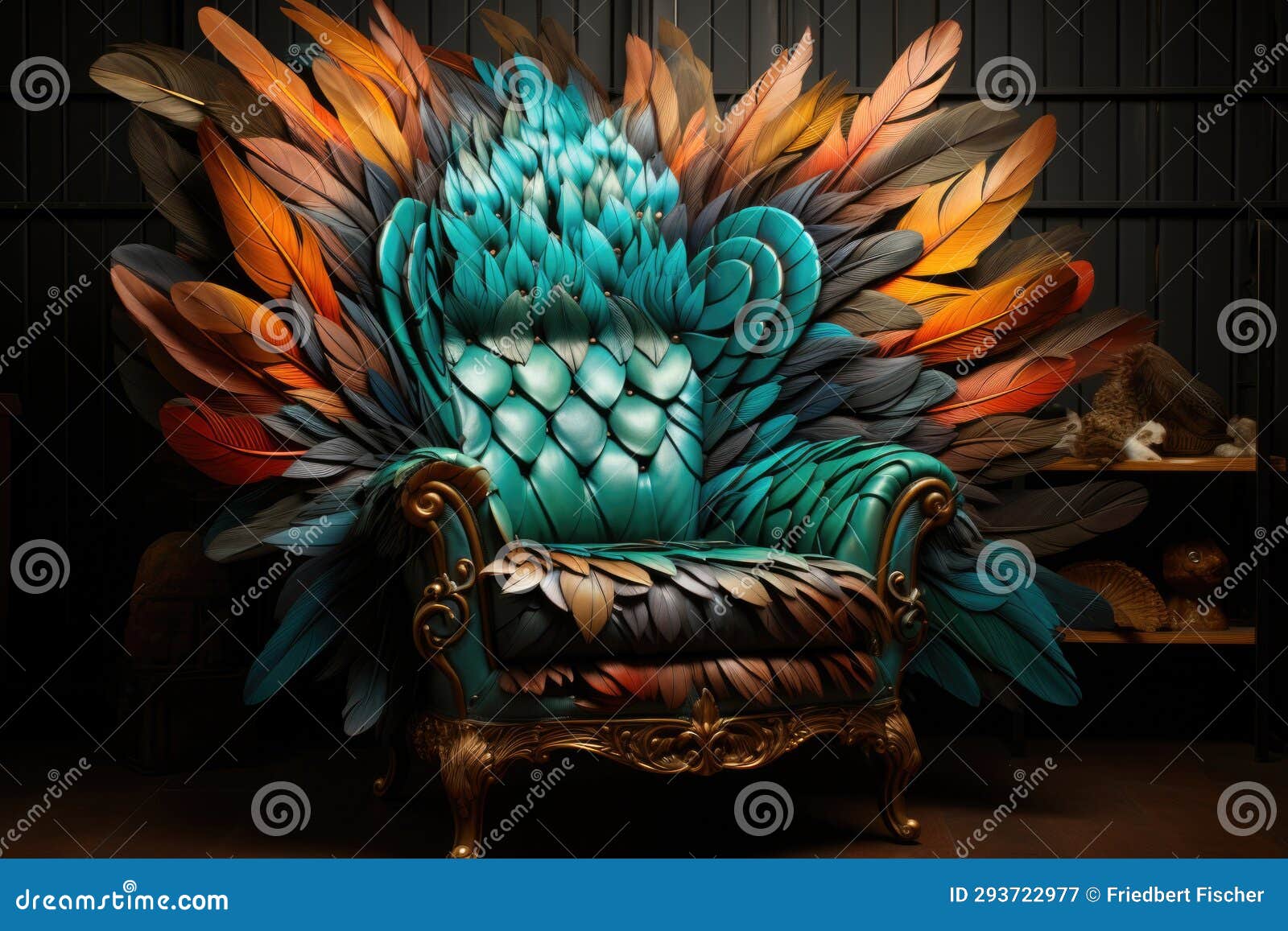 A Chair with Feathers on it in a Room Stock Image - Image of ornate ...