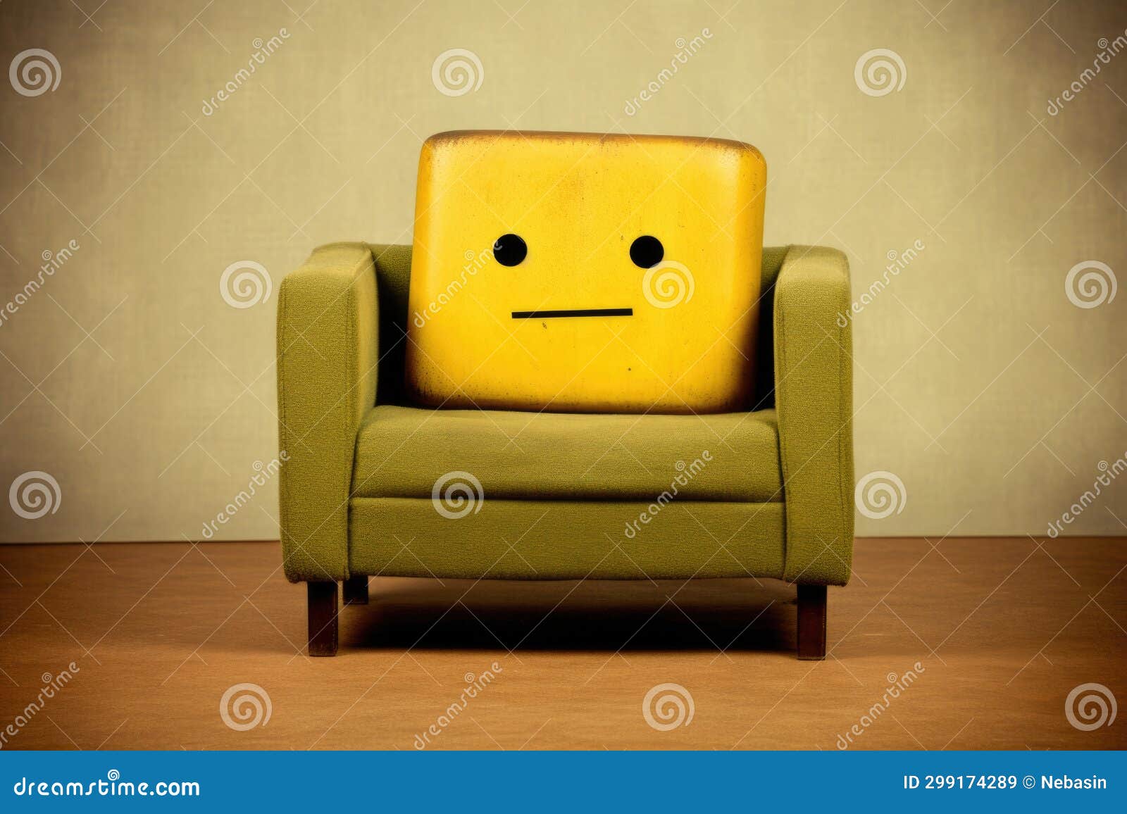 A Chair Featuring a Cube with a Neutral Smiley Face. the Minimalistic ...