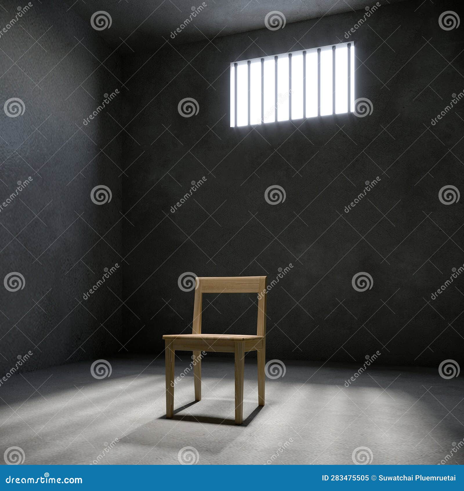 Chair In Prison Cell With Light Shining Through A Barred Window, 3d ...