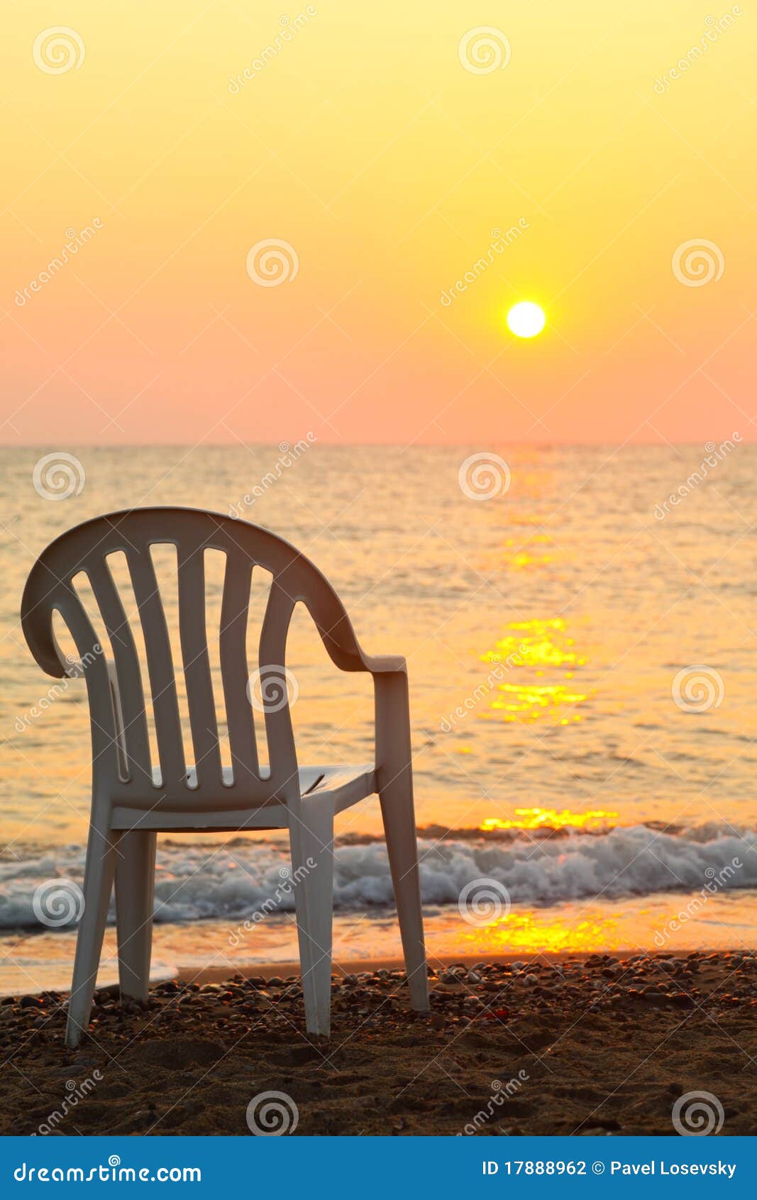 Chair is on Seashore. Beautiful Orange Sunset Stock Photo - Image of ...