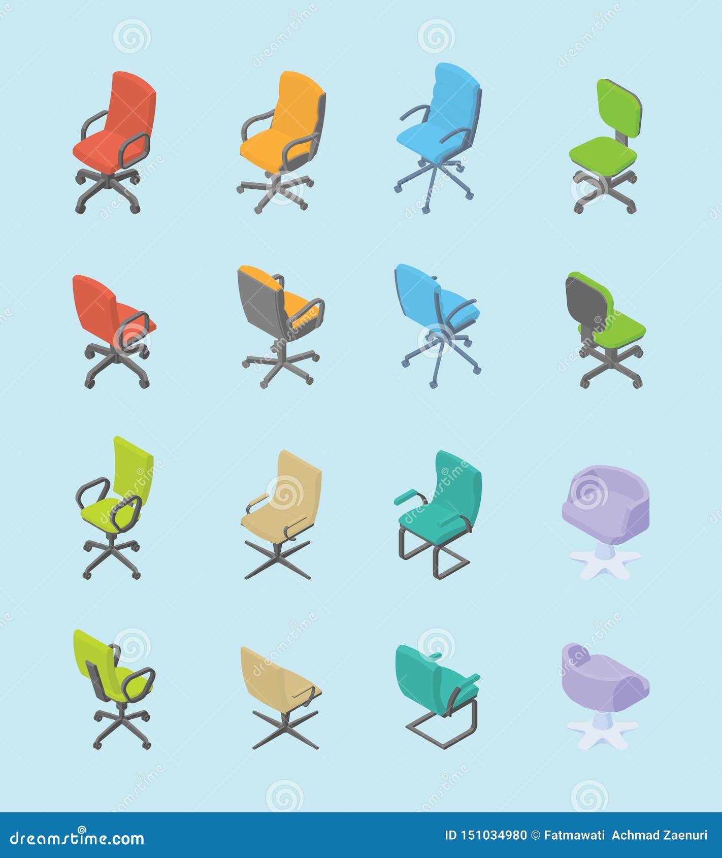 Chair Set Collection for Office with Isometric Modern Style Flat ...