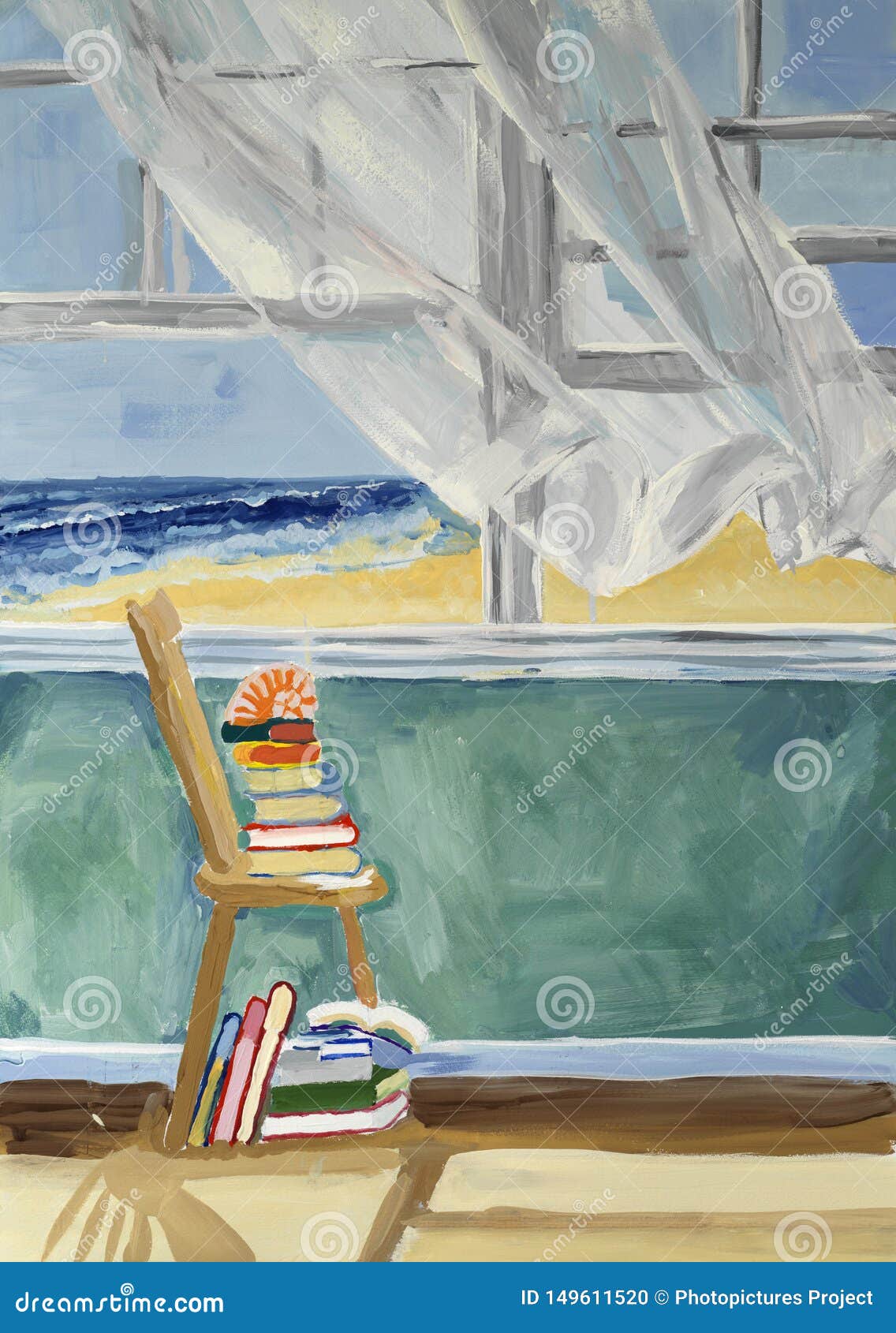 Chair with with a Stack of Books in Front of the Window Stock Photo ...