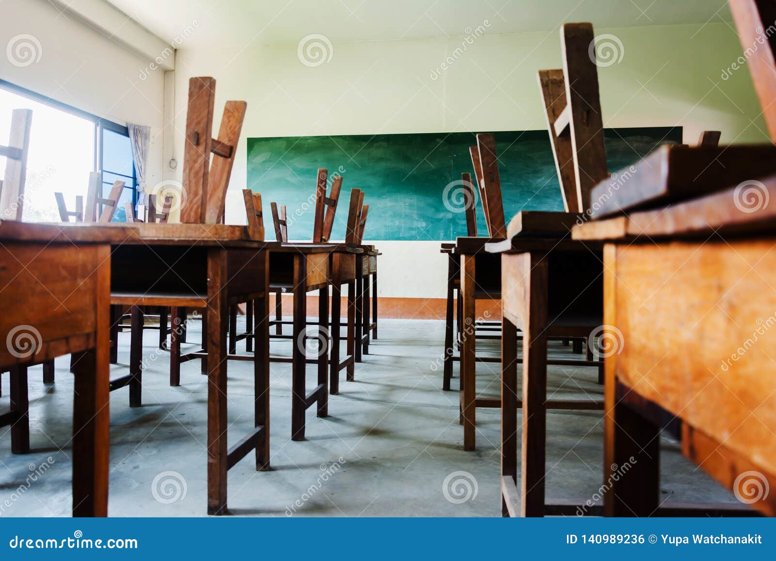 Chair and Table in Class Room with Black Board Background, No Student ...