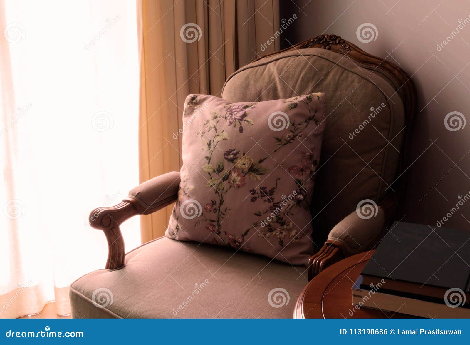 Chair by the window stock photo. Image of book, cushion - 113190686