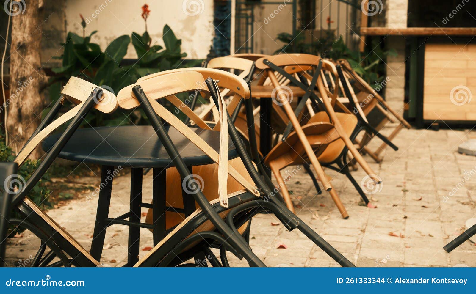 Chairs Around Table in the Closed Summer Cafe Stock Photo - Image of ...