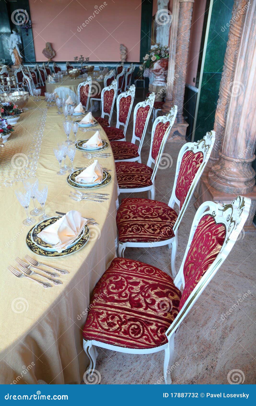 Chairs and Dinner Table with Empty Dishes Stock Photo - Image of ...