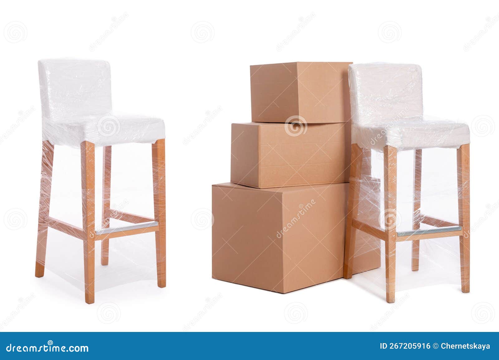Chairs Wrapped with Stretch Film and Cardboard Boxes on White ...