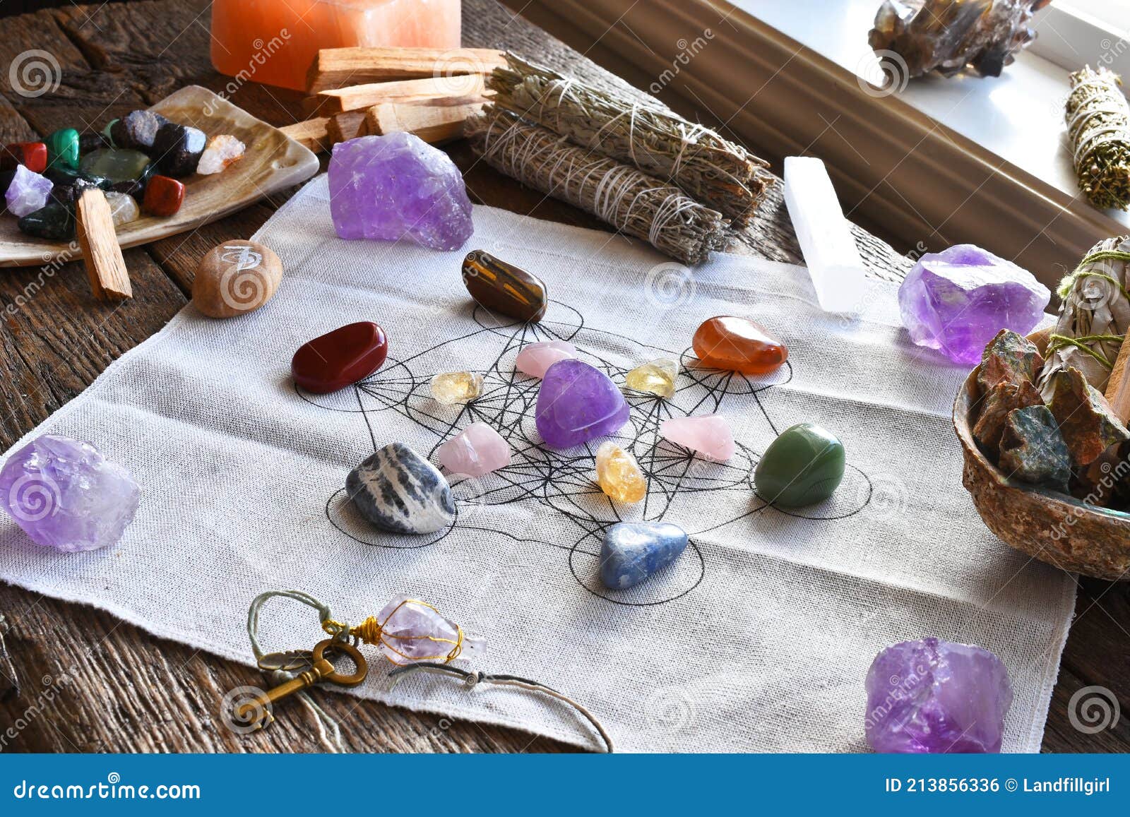 Chakra Healing Crystal Grid Stock Photo - Image of sacred, sage: 213856336
