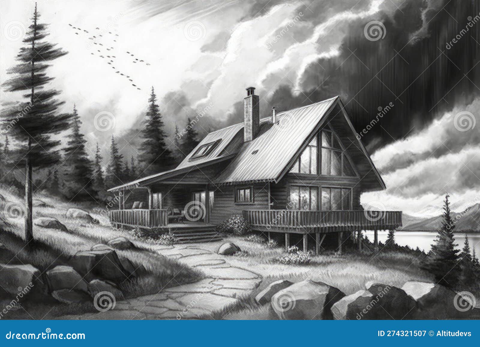Chalet with Dramatic Sky and Clouds, in Pencil Drawing Stock ...
