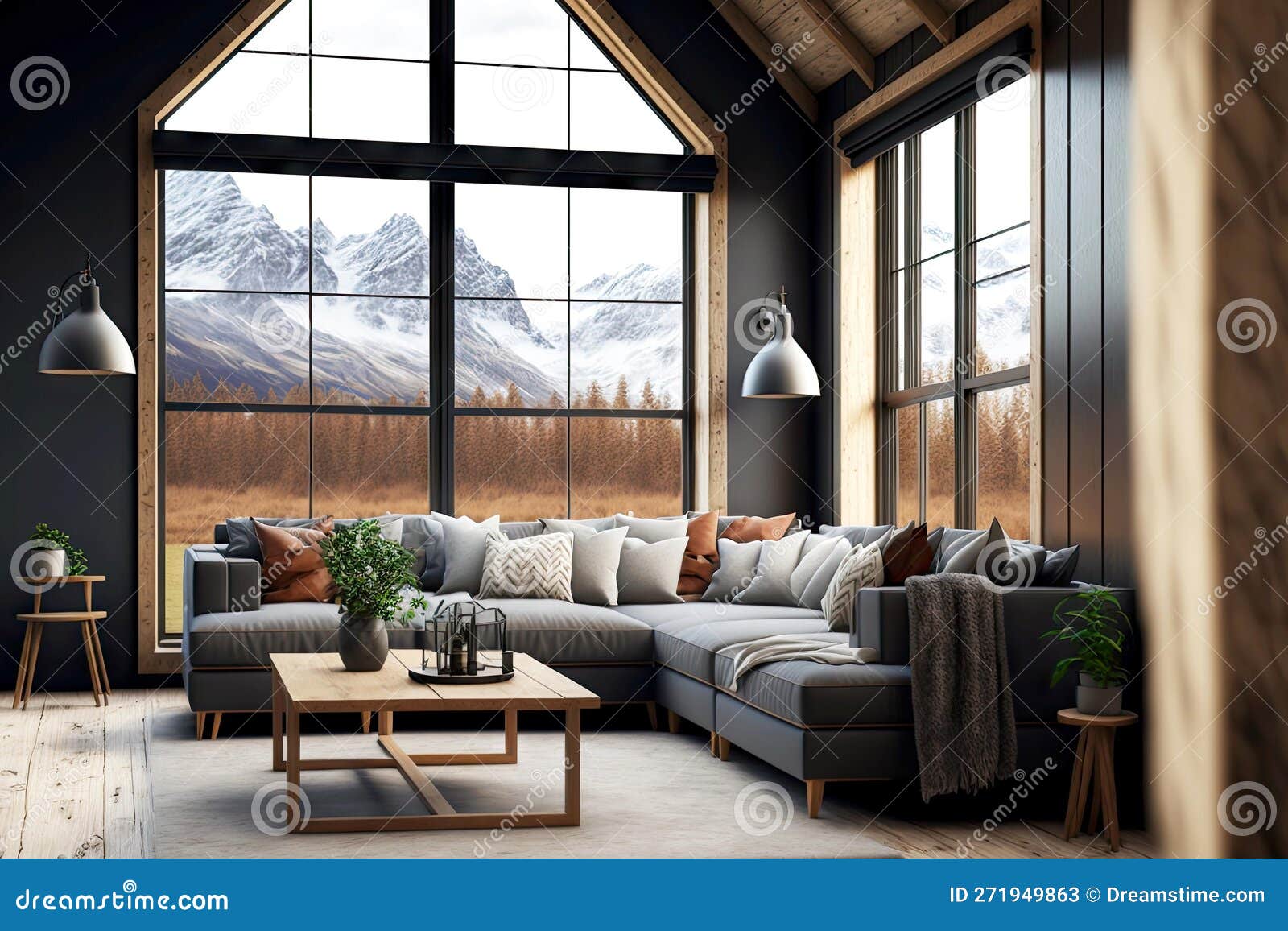 Chalet Interior of Ious Room with Grey Sofas and Large Windows Along ...