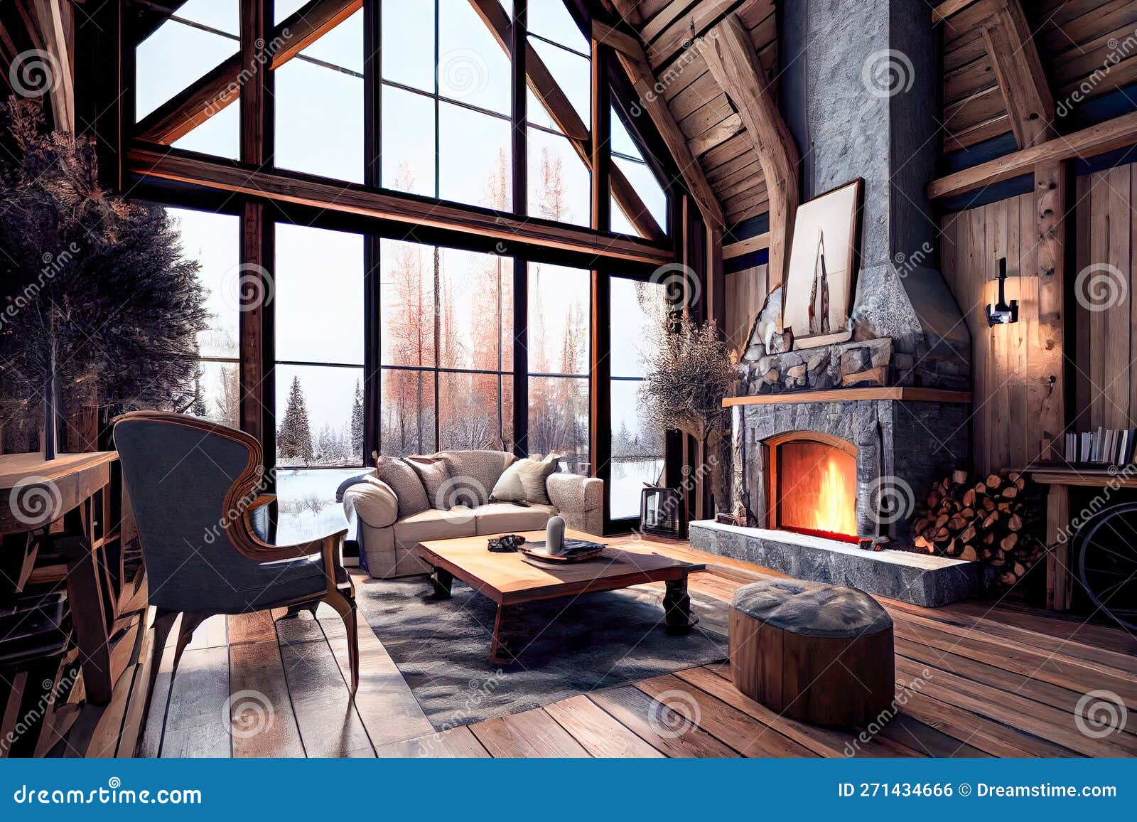 Chalet Interior with Large Windows. Generative AI, Generative, AI Stock ...