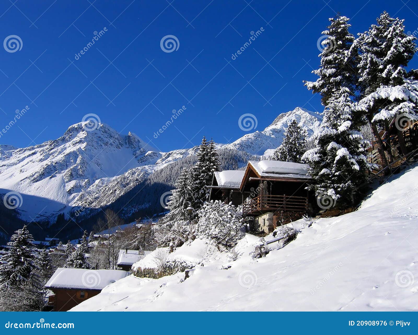Chalets in a Snow White Valley Stock Photo - Image of cottage, white ...
