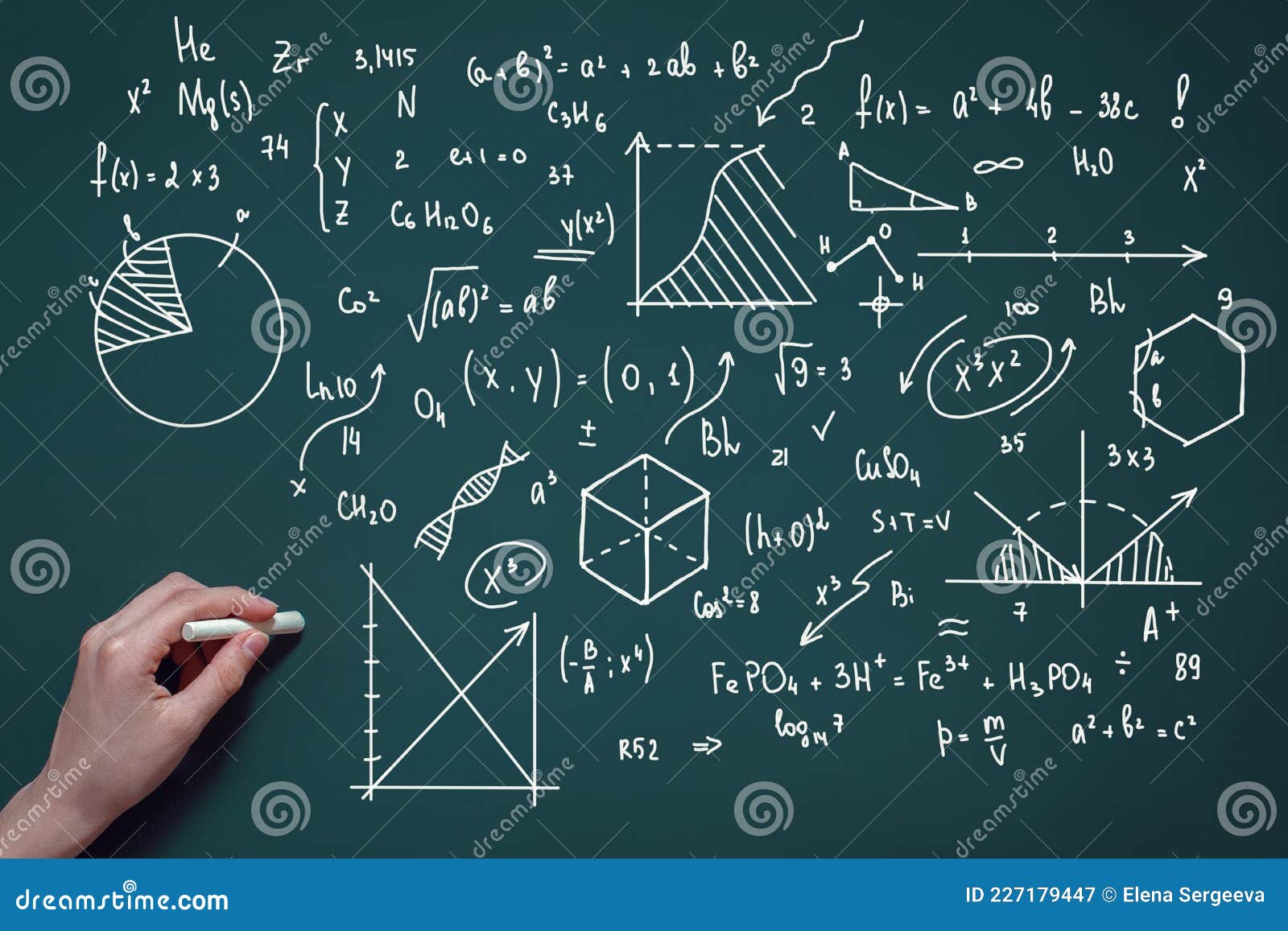 Chalk Board in the Classroom with Written Formulas, Diagrams and Graphs ...