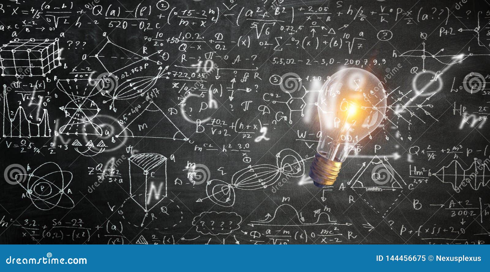 Chalk Board with Maths Sketches and Formulas and a Light Bulb Stock ...