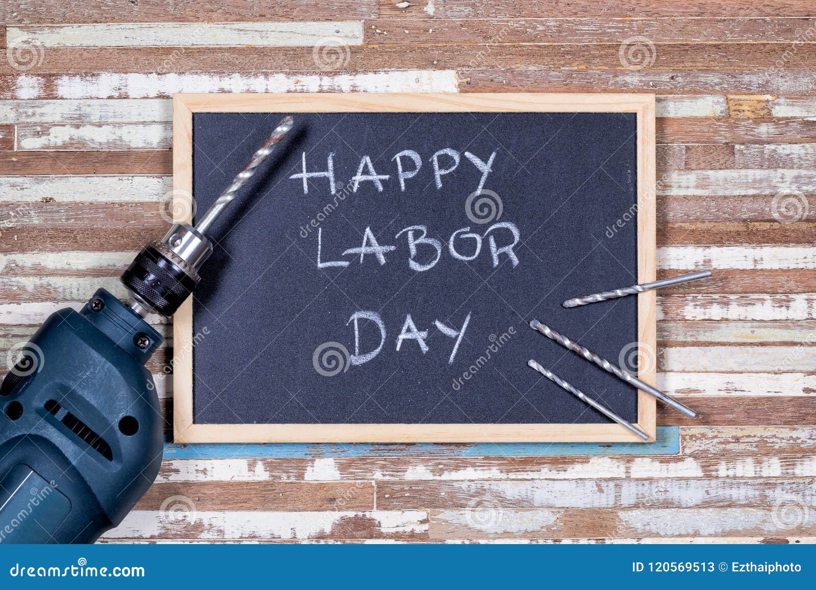 Chalk Board with Text HAPPY LABOR DAY with Electronics Drills on Stock ...