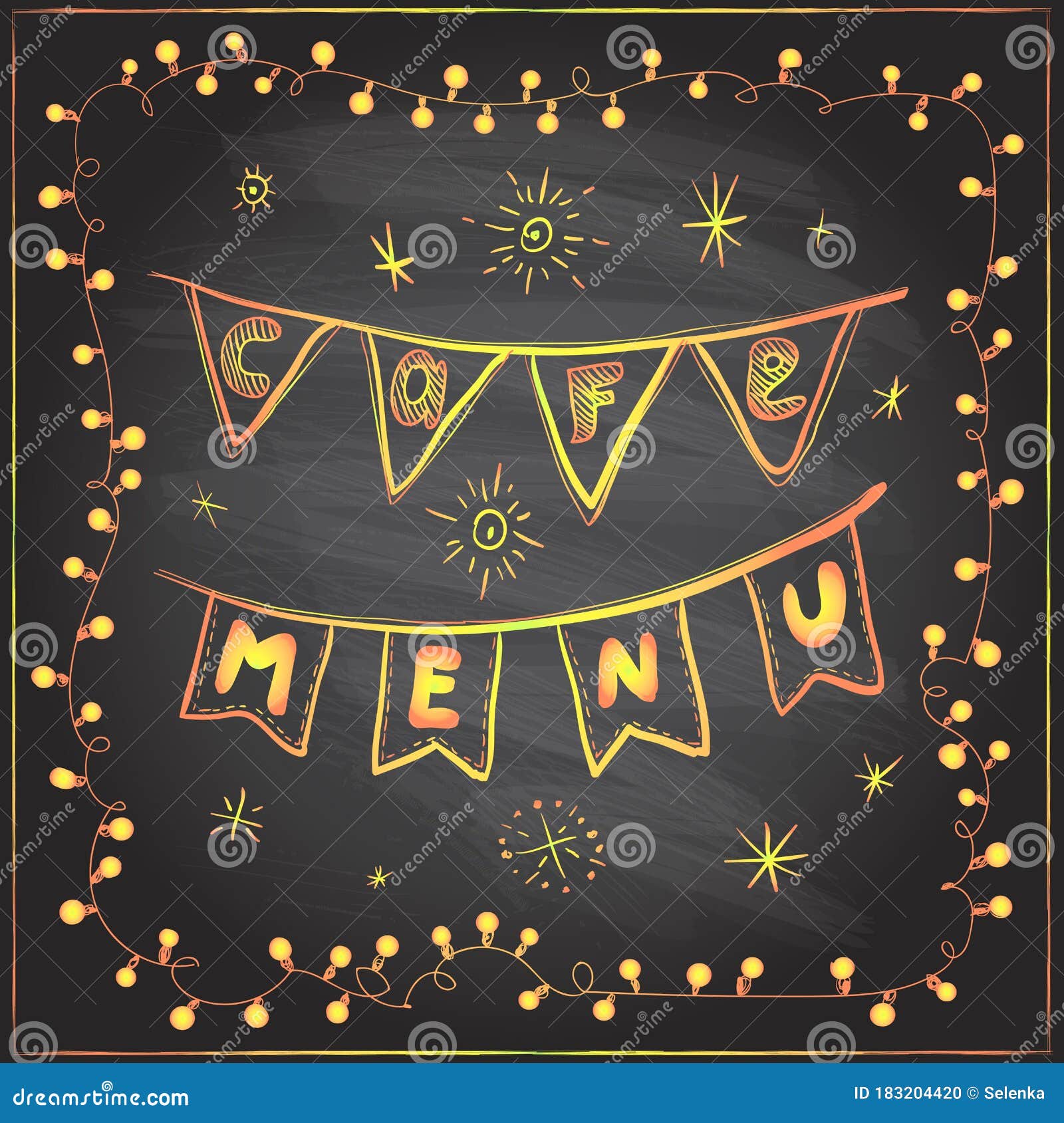 Chalk Cafe Festive Menu Board with Golden Flags Stock Vector ...