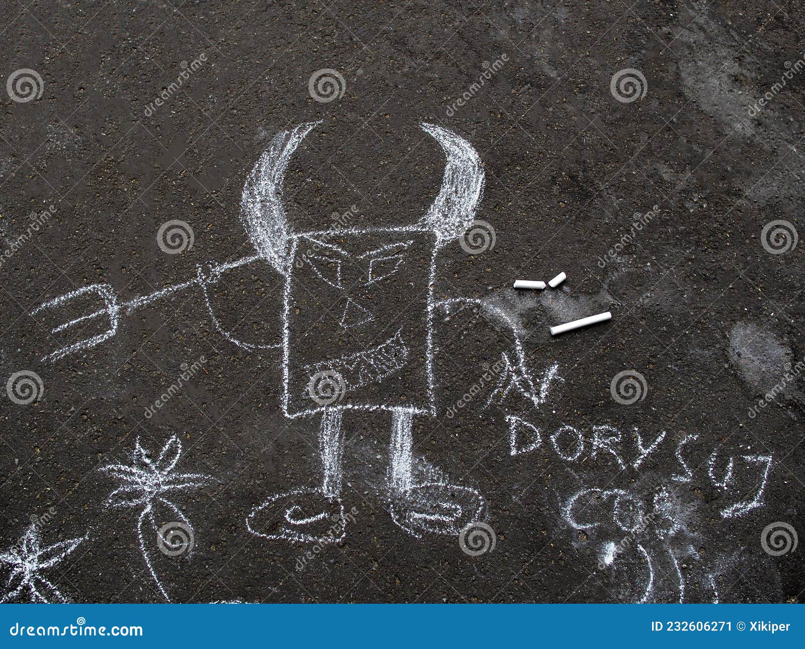 Chalk Drawing Artwork Cartoon Character on the Asphalt Stock Image ...