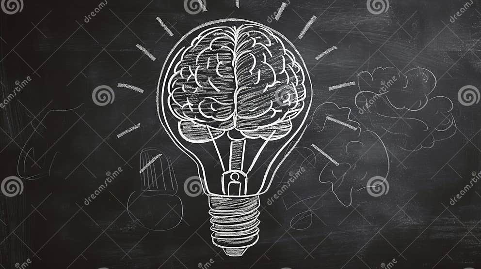 Chalk Drawing of a Brain Inside a Light Bulb on a Blackboard, Creative ...