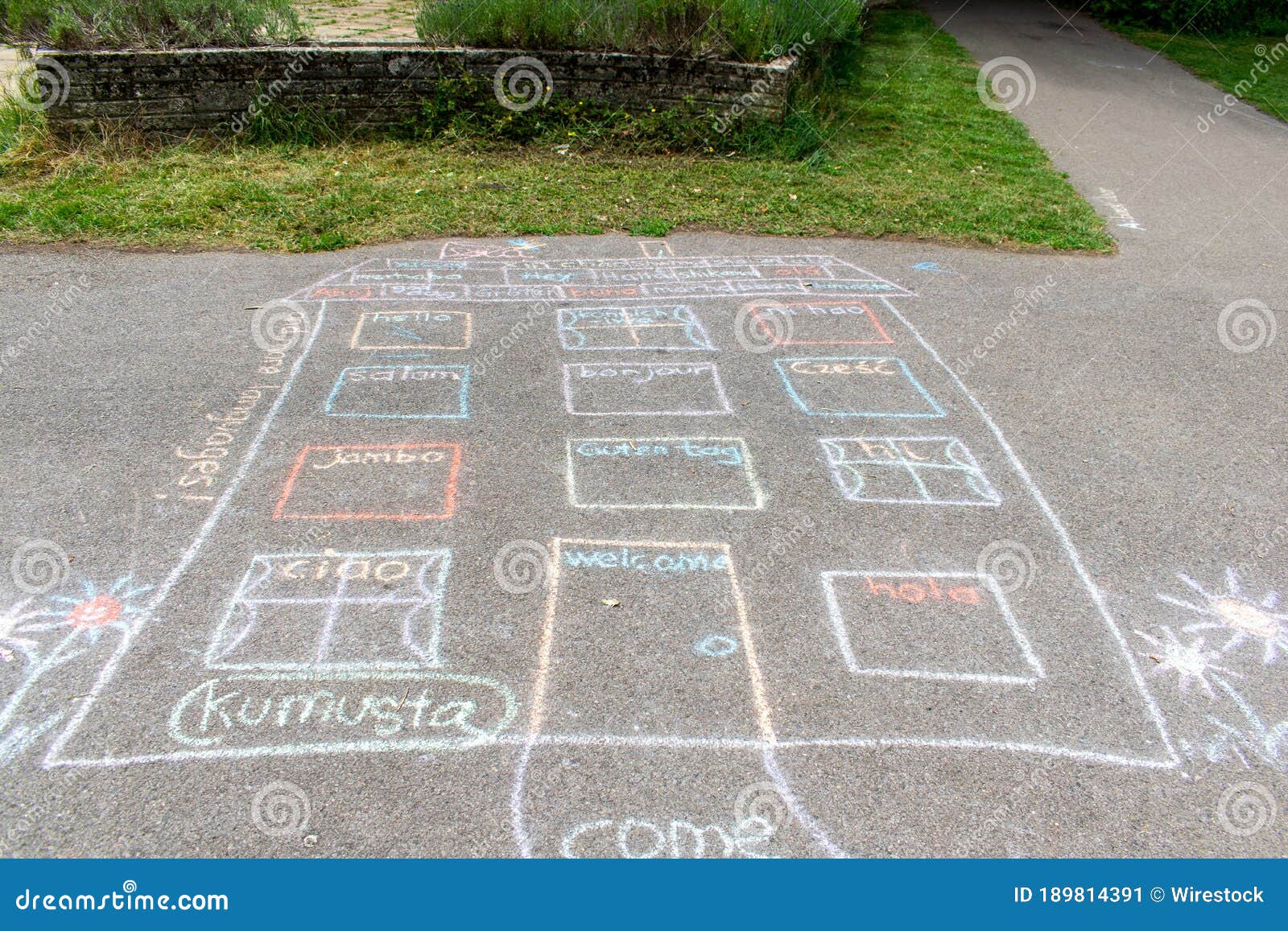 Chalk Drawing of a Building with the World HI in Different Languages ...