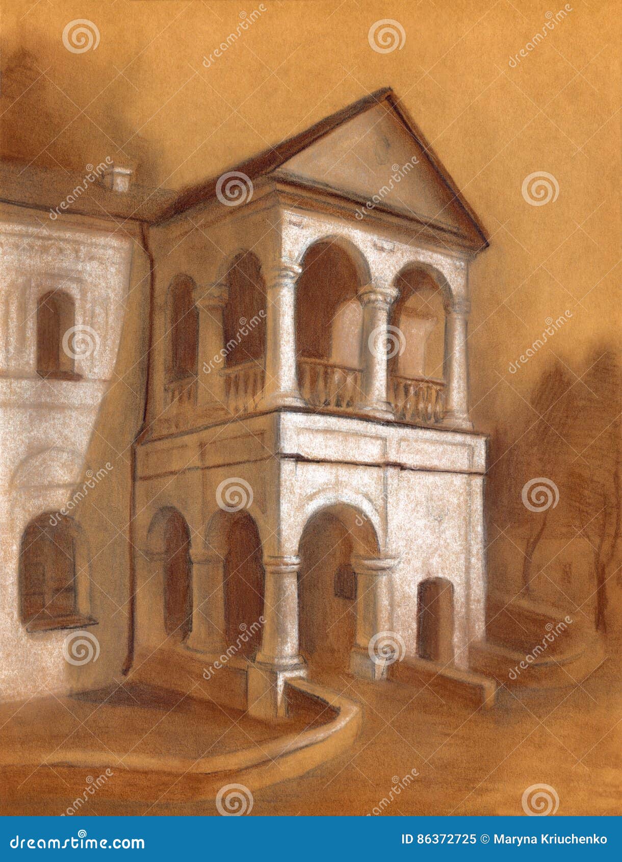 Chalk Drawing. Facade of an Ancient Building Stock Illustration ...