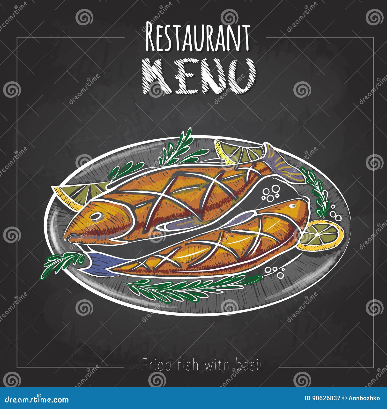 Chalk Drawing Menu Design. Fish Menu. Fried Fish with Basil Stock ...