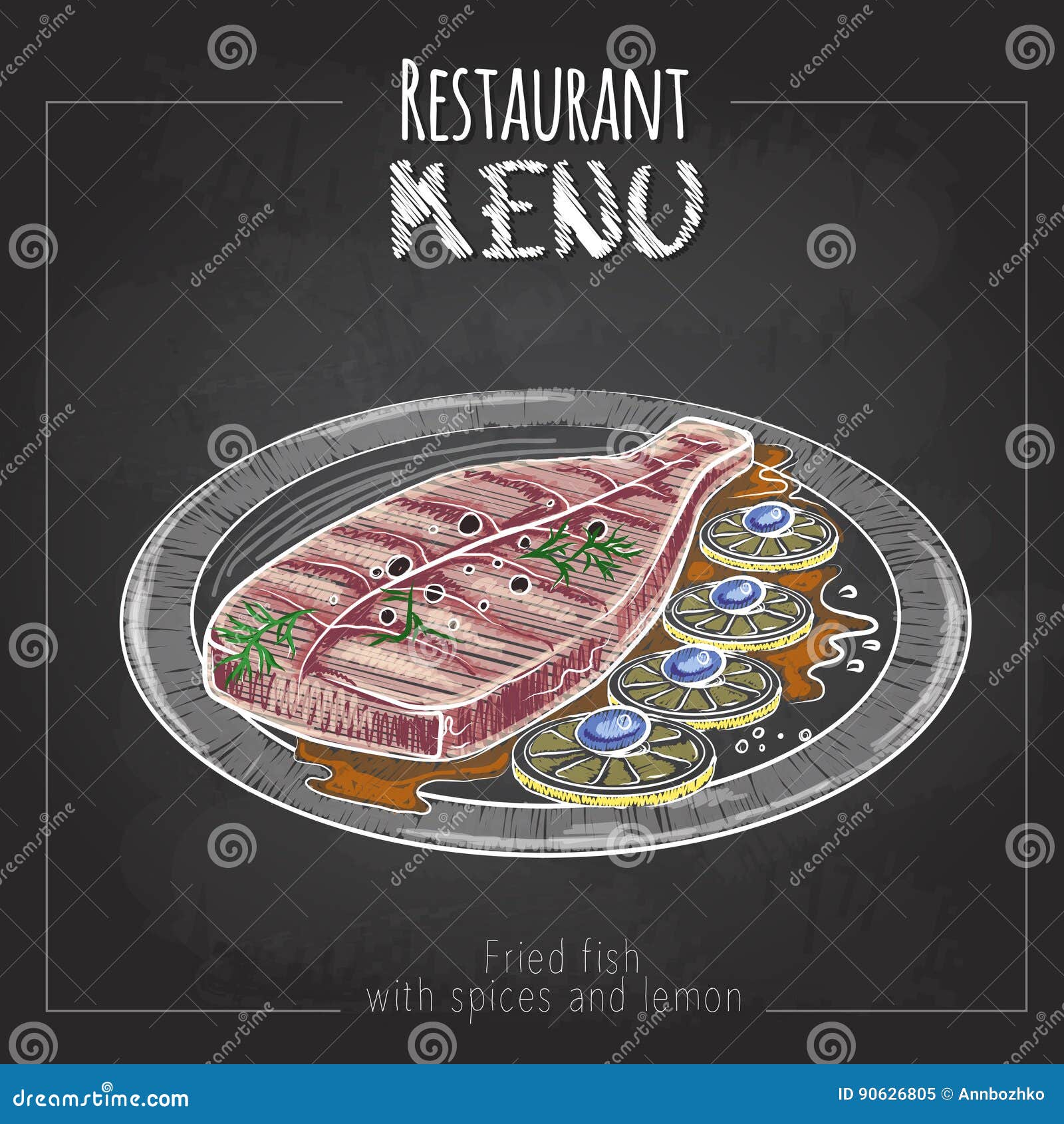 Chalk Drawing Menu Design. Fish Menu. Fried Fish with Lemon Stock ...