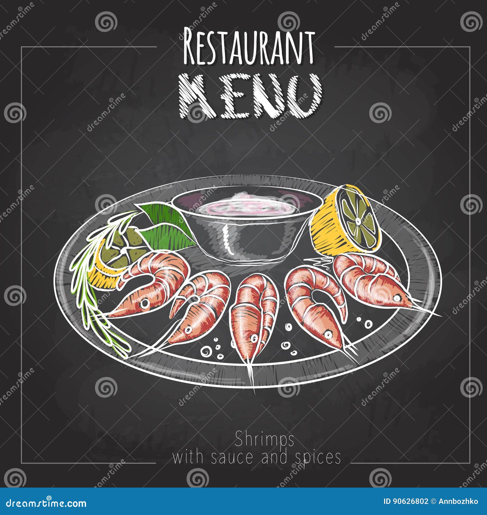 Chalk Drawing Menu Design. Seafood Menu. Shrimps with Sauce Stock ...