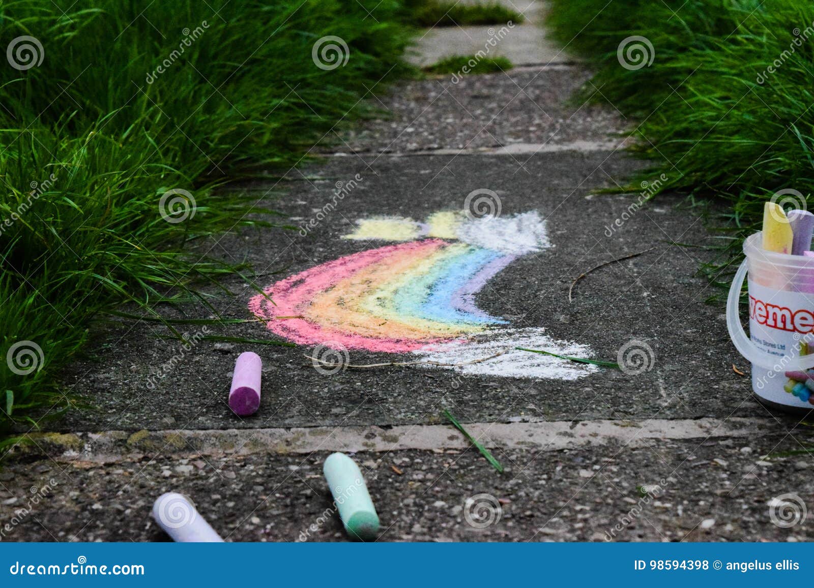 Chalk drawing on path stock photo. Image of chalk, rainbow - 98594398
