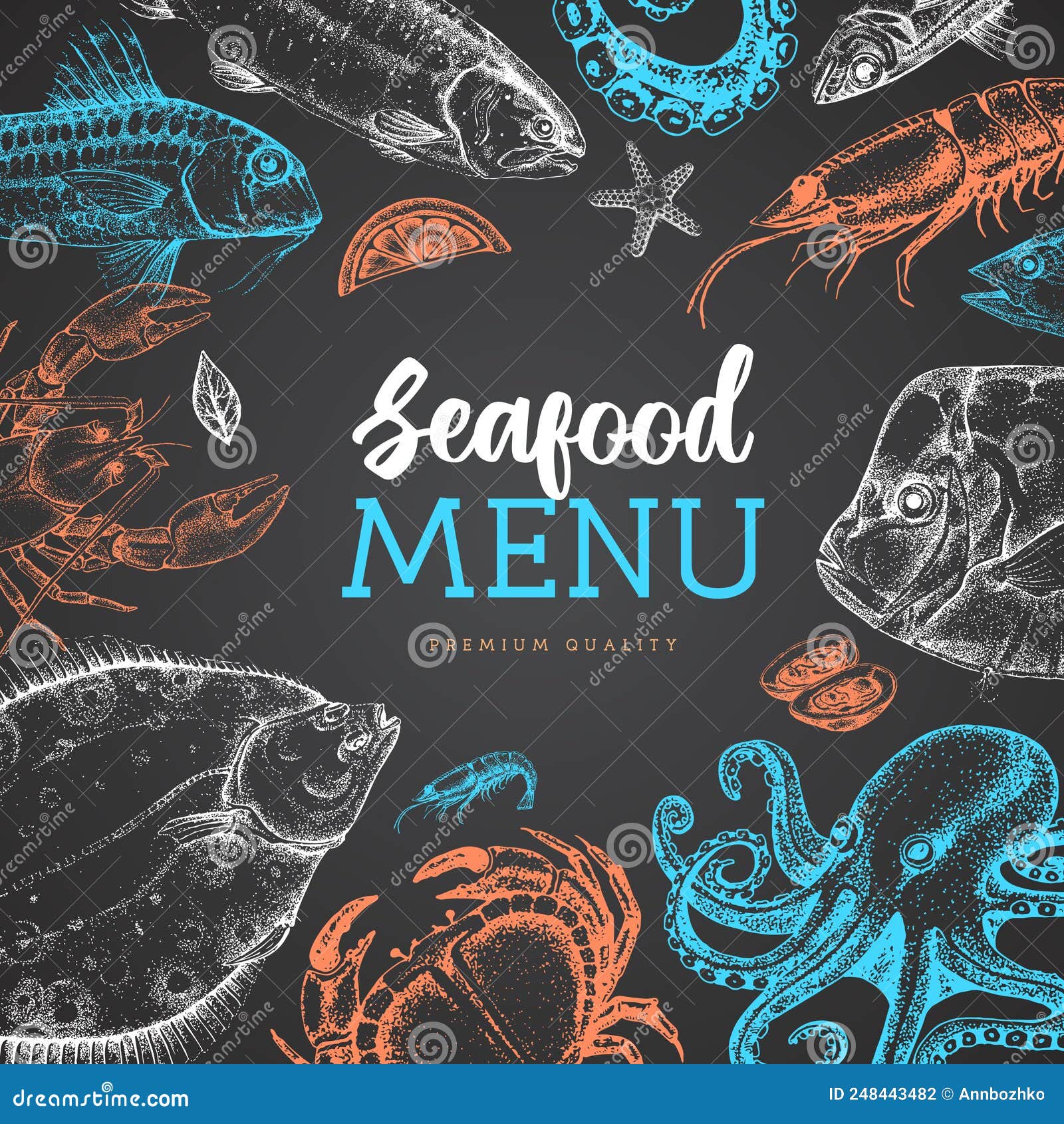 Chalk Drawing Seafood Menu Cover Design with Different Kinds of Fish ...