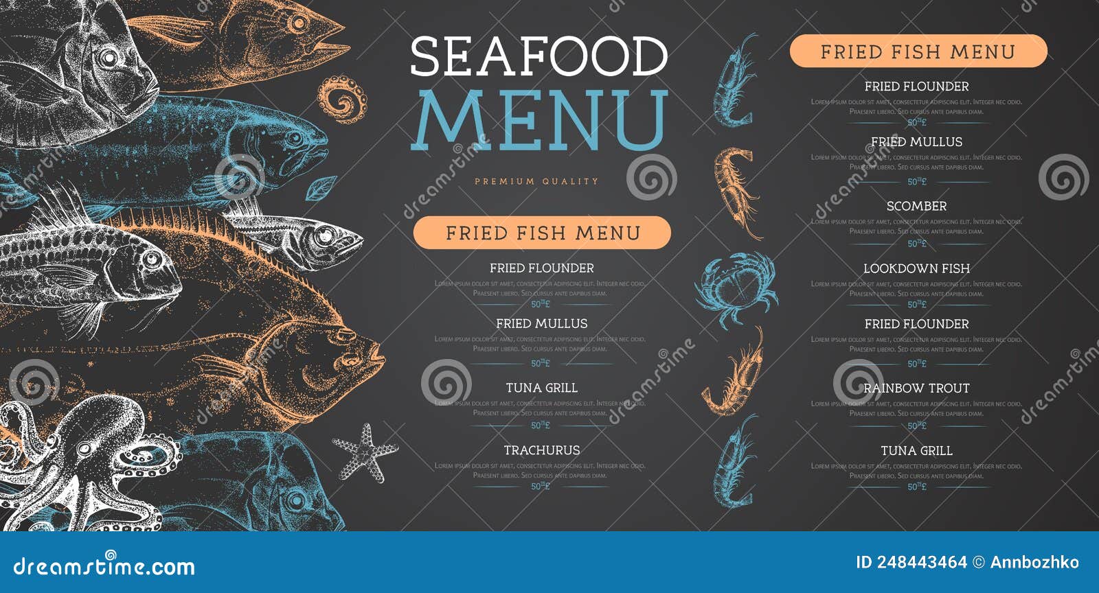 Chalk Drawing Seafood Menu Design with Different Kinds of Fish. Stock ...