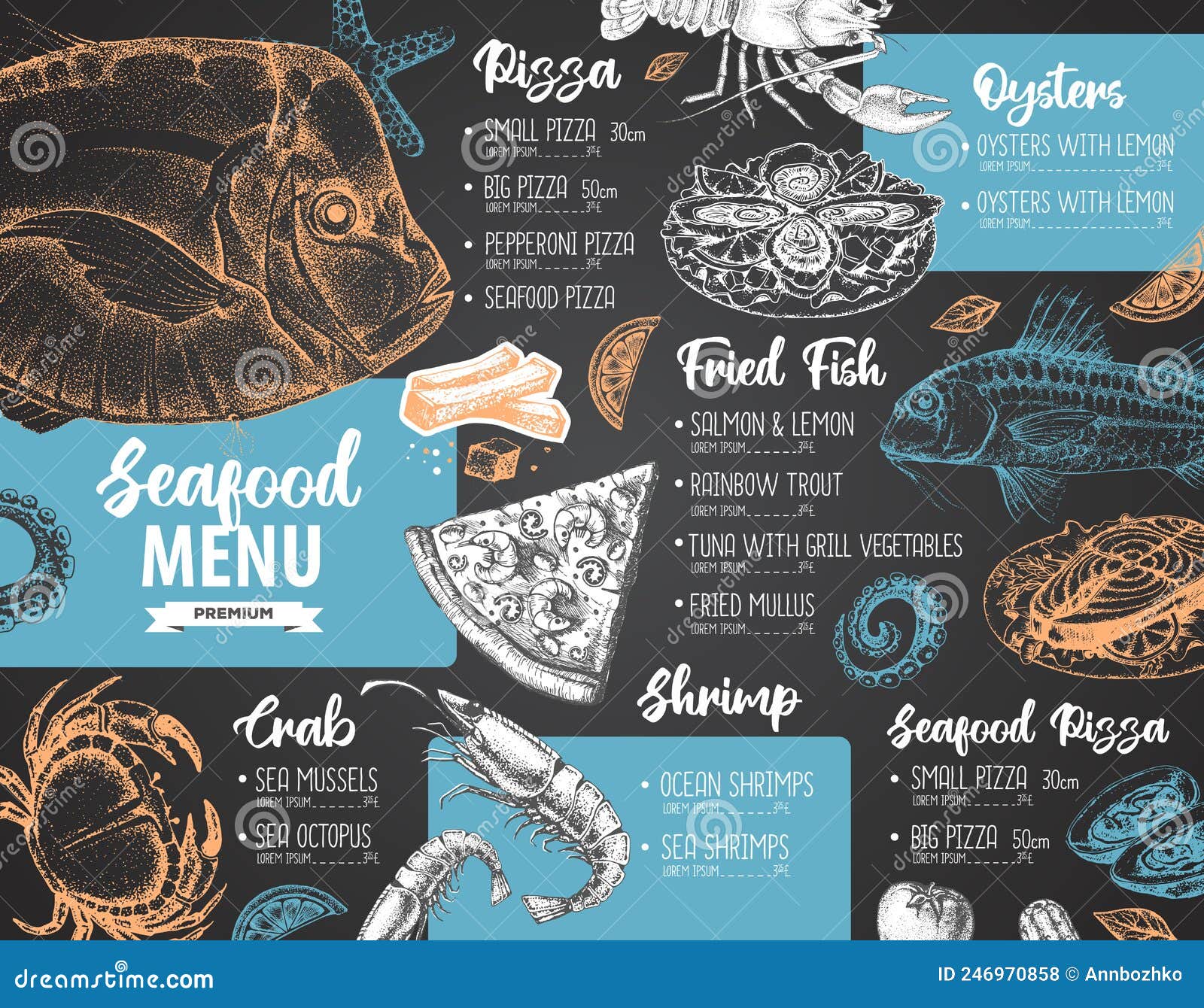 Chalk Drawing Seafood Restaurant Menu Design with Hand Drawing Fish ...