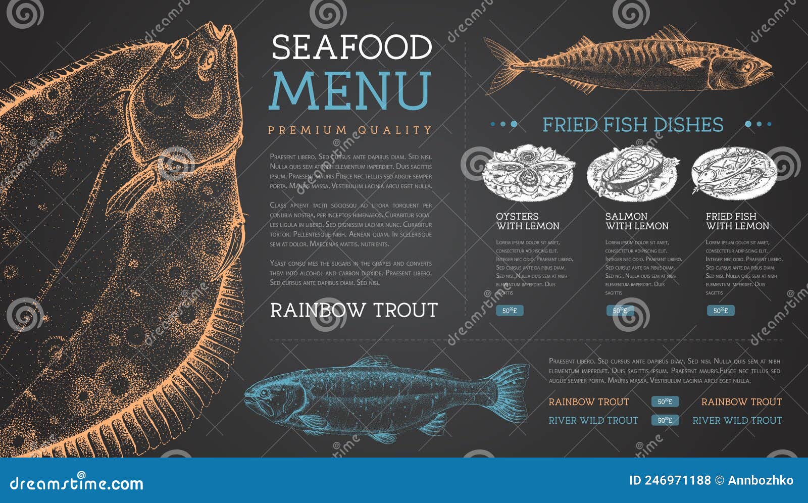 Chalk Drawing Seafood Restaurant Menu Design with Hand Drawing Fish ...
