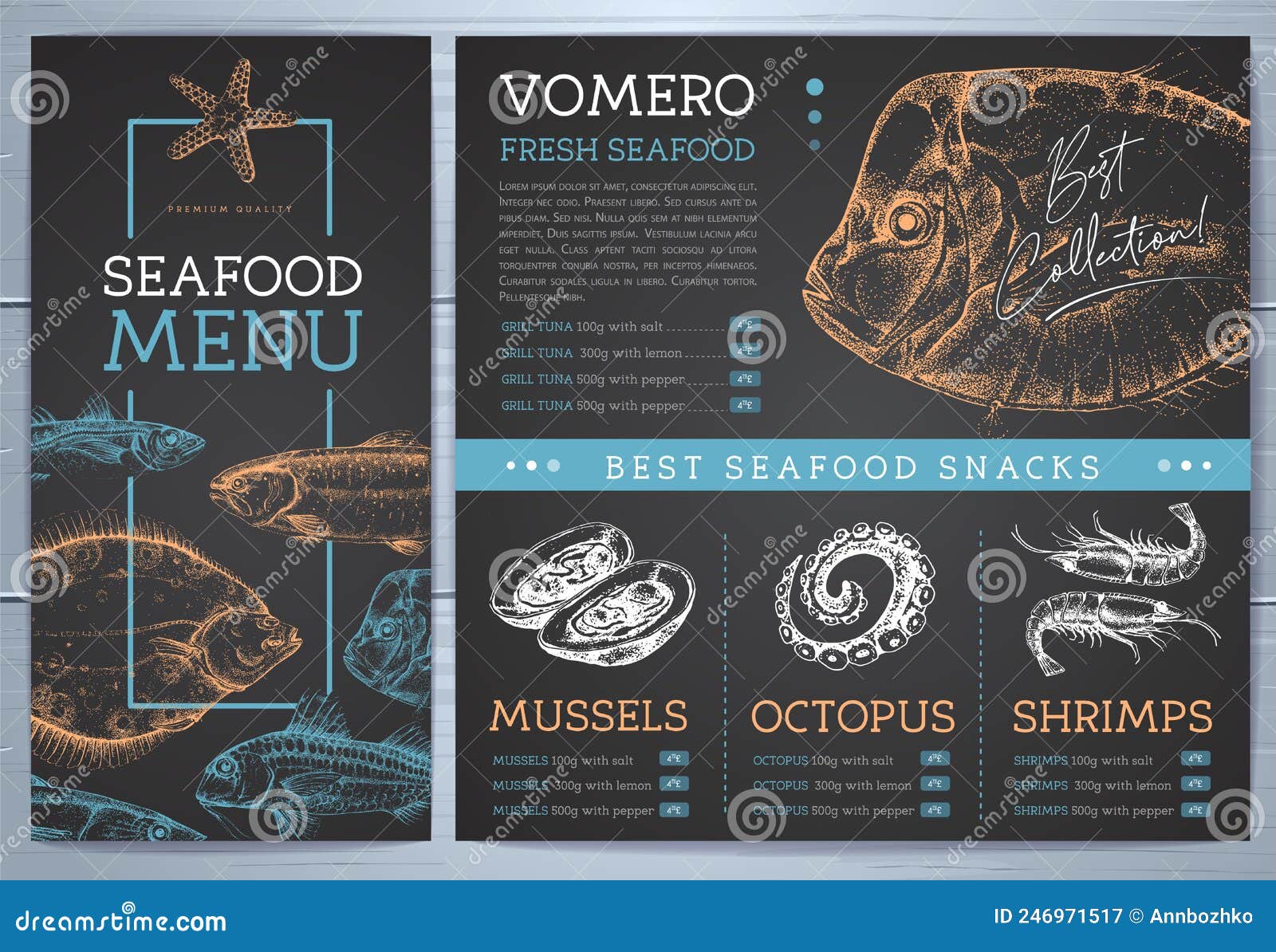 Chalk Drawing Seafood Restaurant Menu Design with Hand Drawing Fish ...