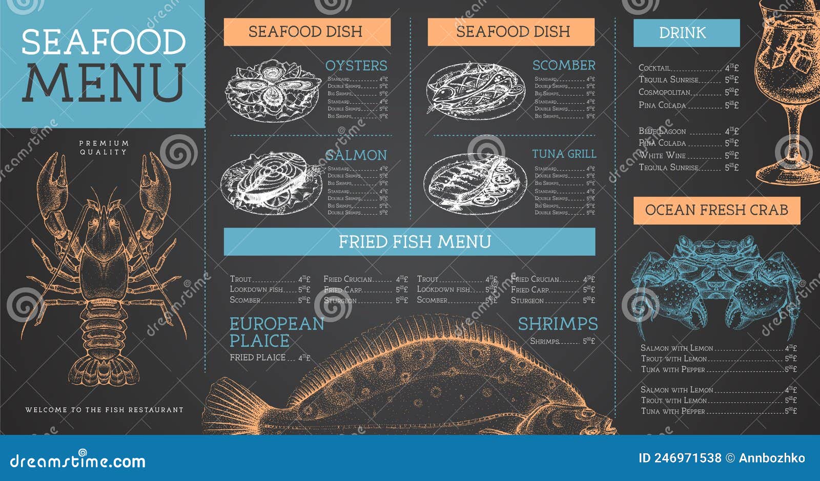 Chalk Drawing Seafood Restaurant Menu Design with Hand Drawing Fish ...