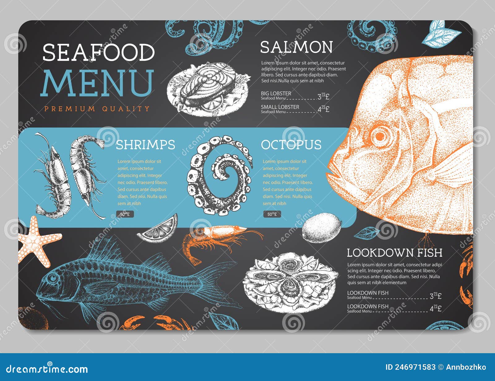 Chalk Drawing Seafood Restaurant Menu Design with Hand Drawing Fish ...