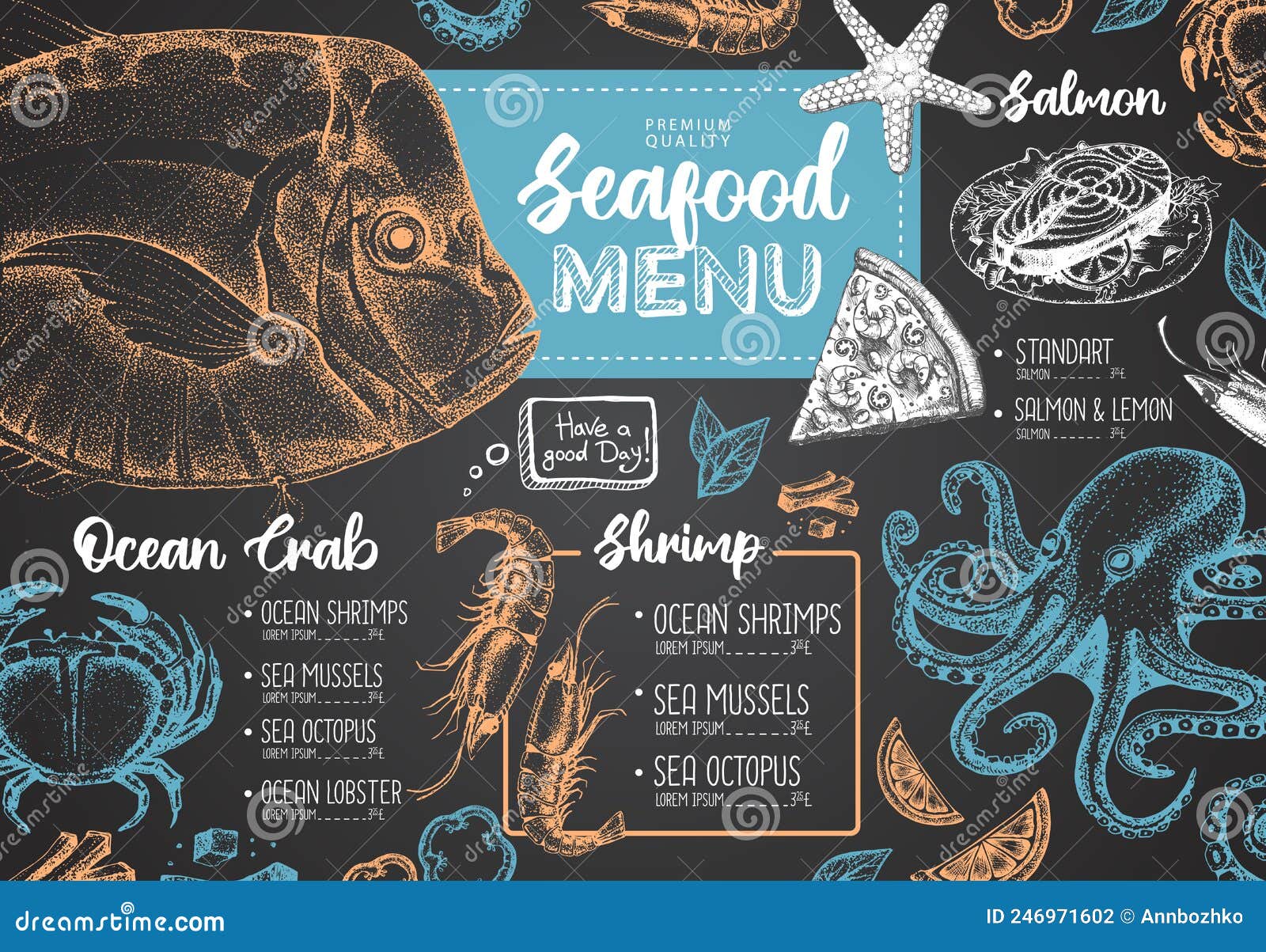 Chalk Drawing Seafood Restaurant Menu Design with Hand Drawing Fish ...
