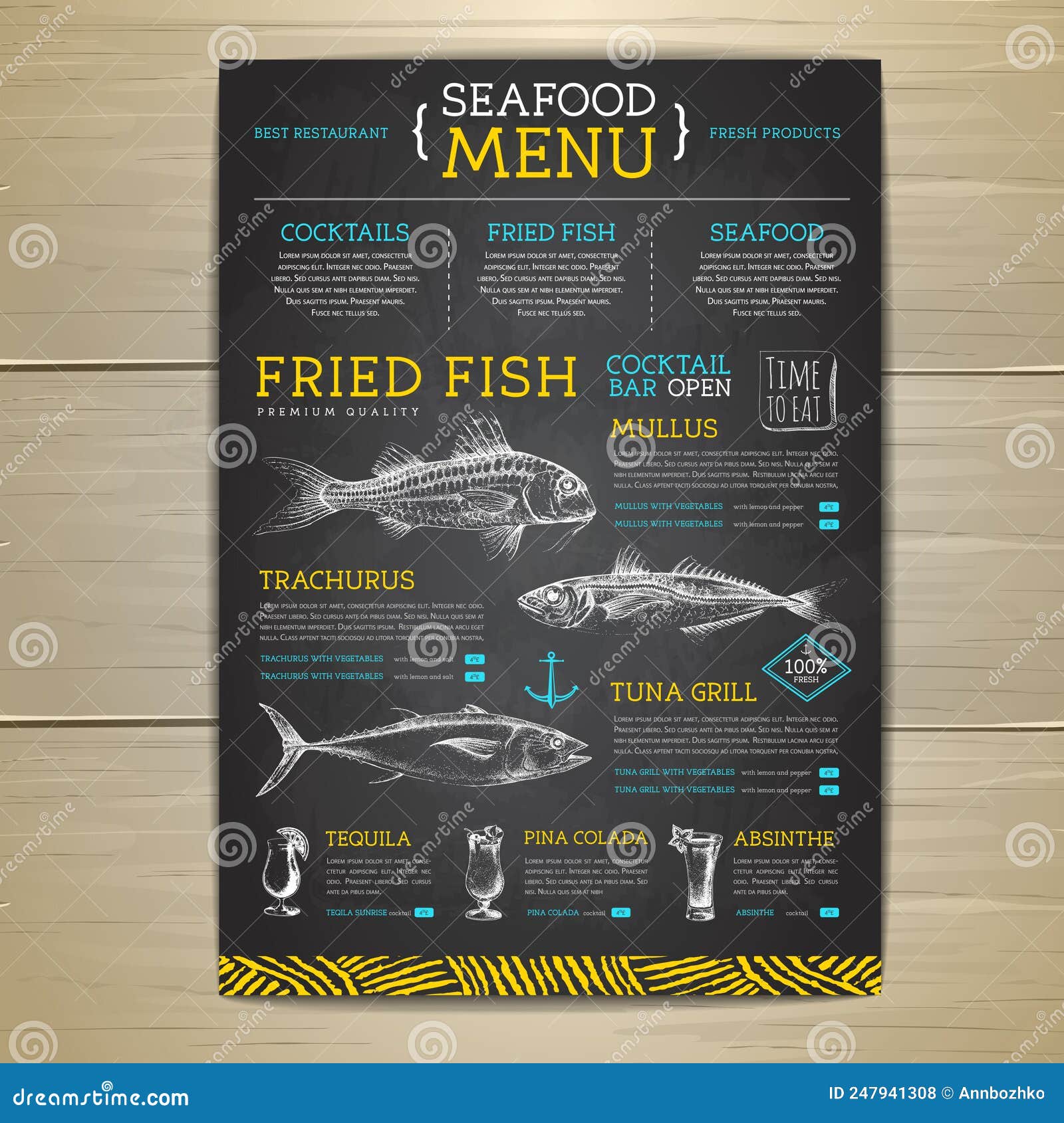 Chalk Drawing Seafood Restaurant Menu Design with Hand Drawing Fish ...