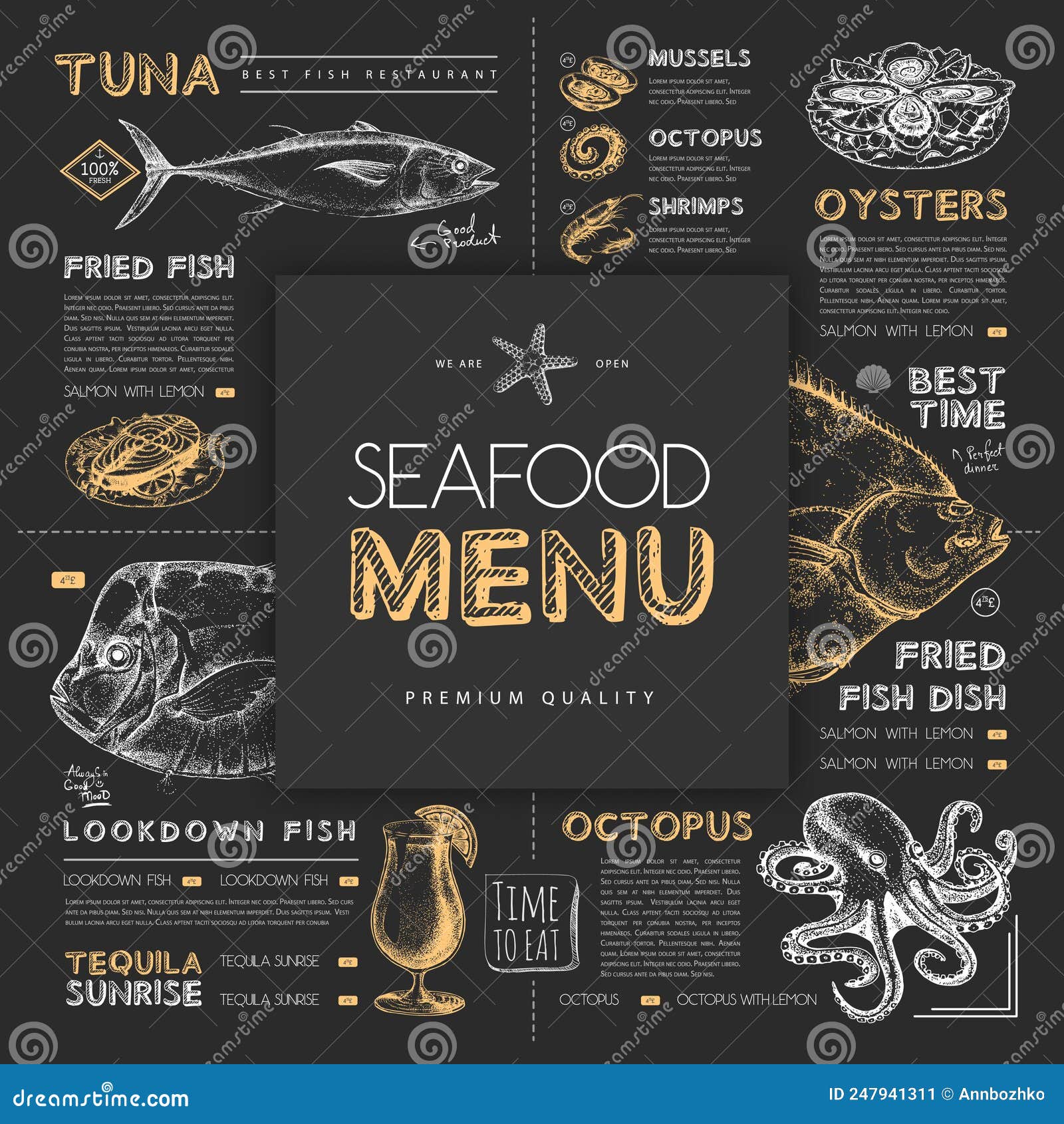 Chalk Drawing Seafood Restaurant Menu Design with Hand Drawing Fish ...