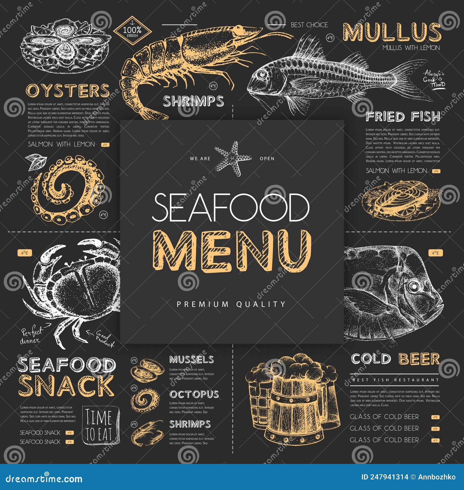 Chalk Drawing Seafood Restaurant Menu Design With Hand Drawing Fish ...