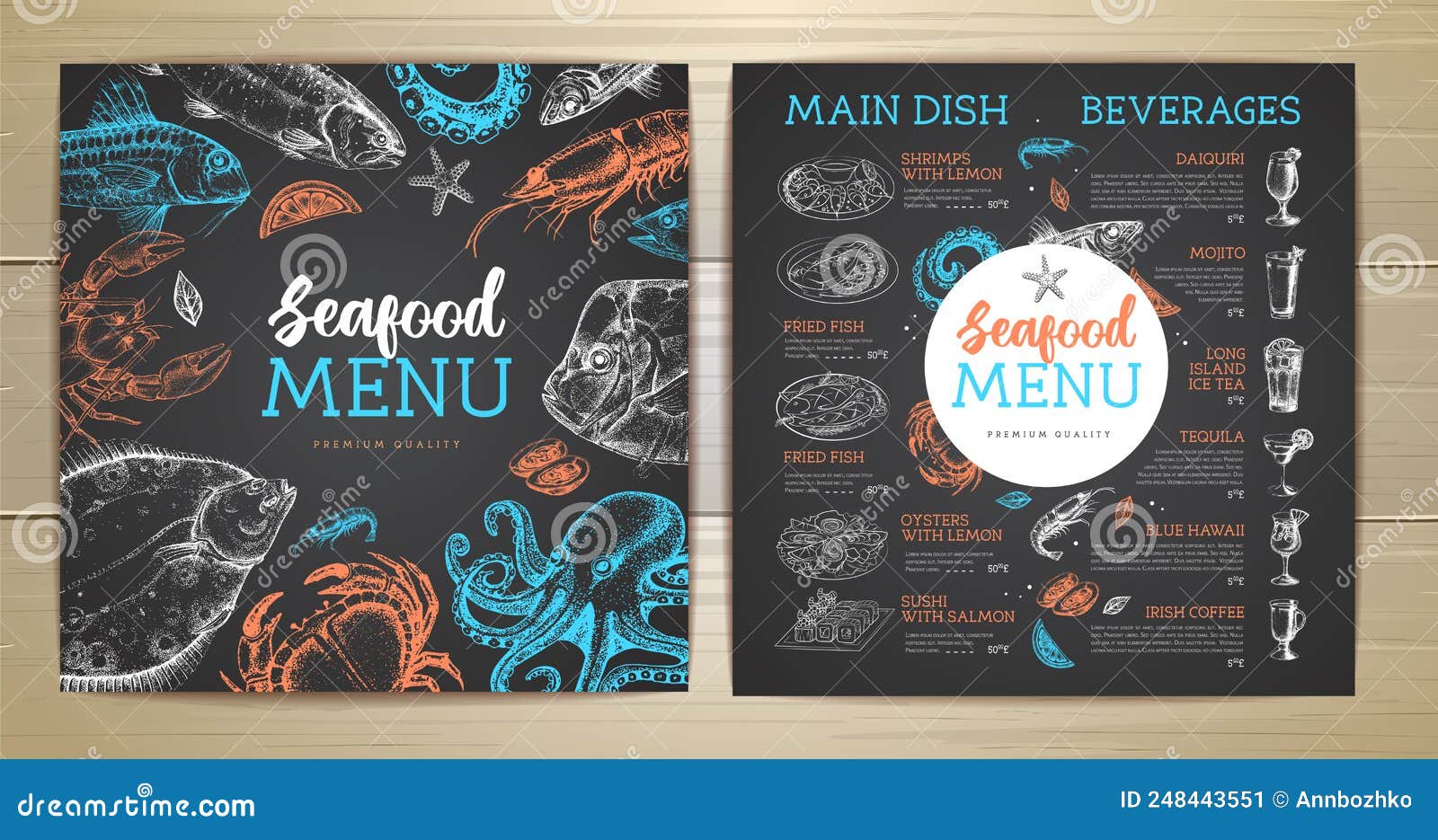 Chalk Drawing Seafood Restaurant Menu Design with Hand Drawing Fish ...
