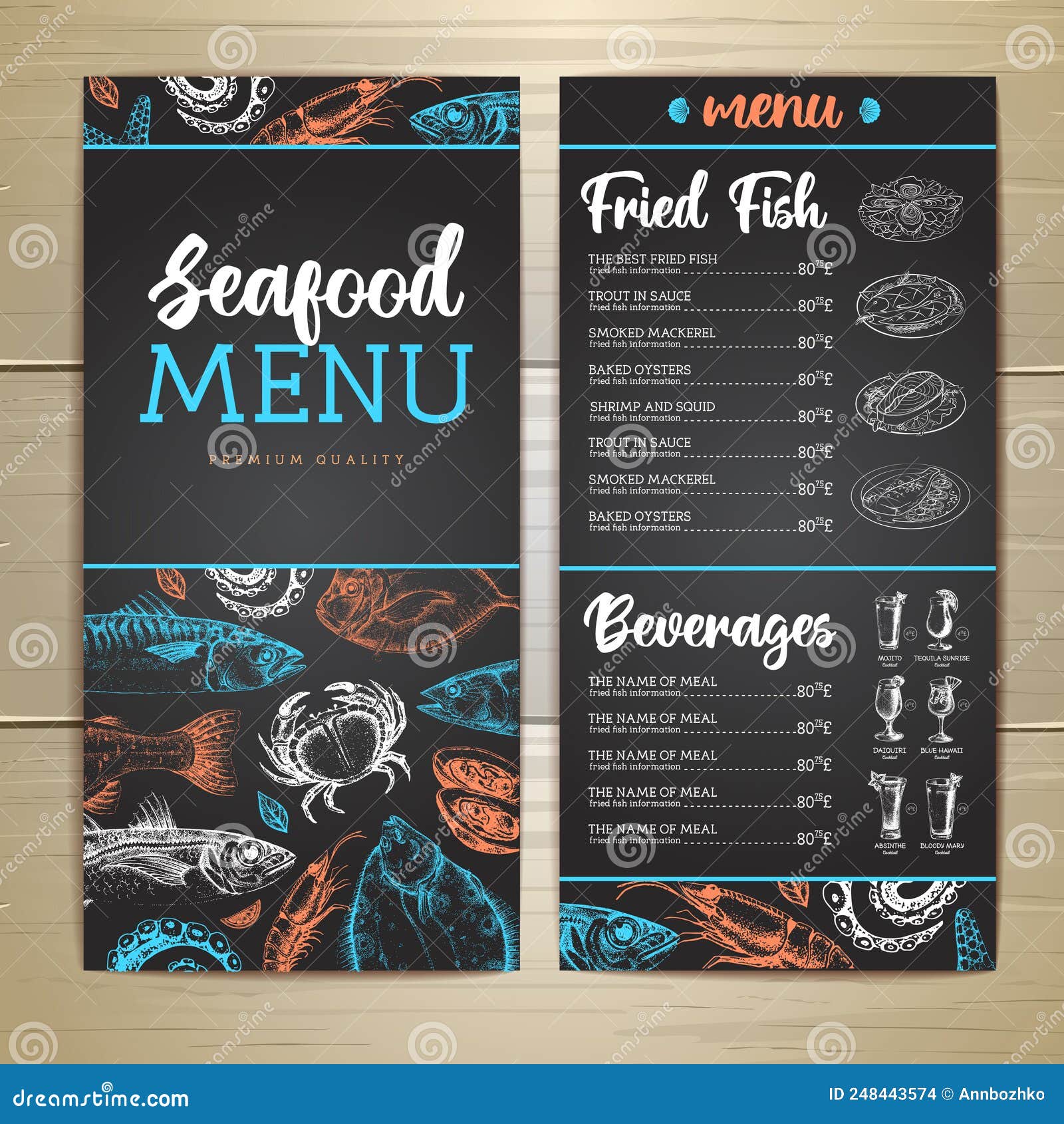 Chalk Drawing Seafood Restaurant Menu Design with Hand Drawing Fish ...