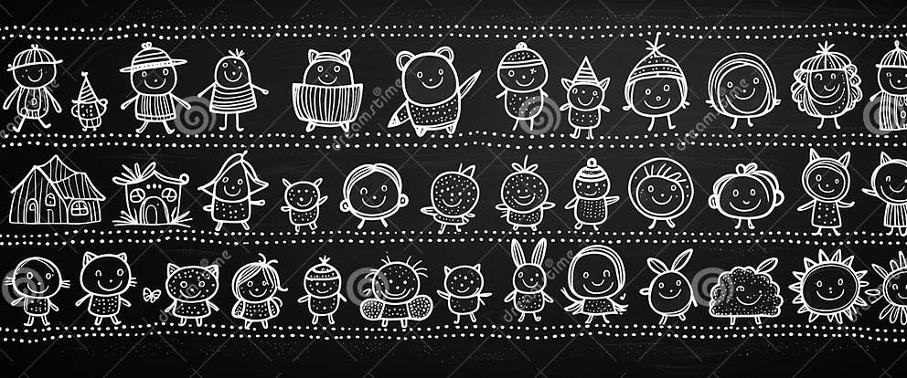 Chalk Drawing Style with Hand-Drawn Characters on Dark Background Stock ...