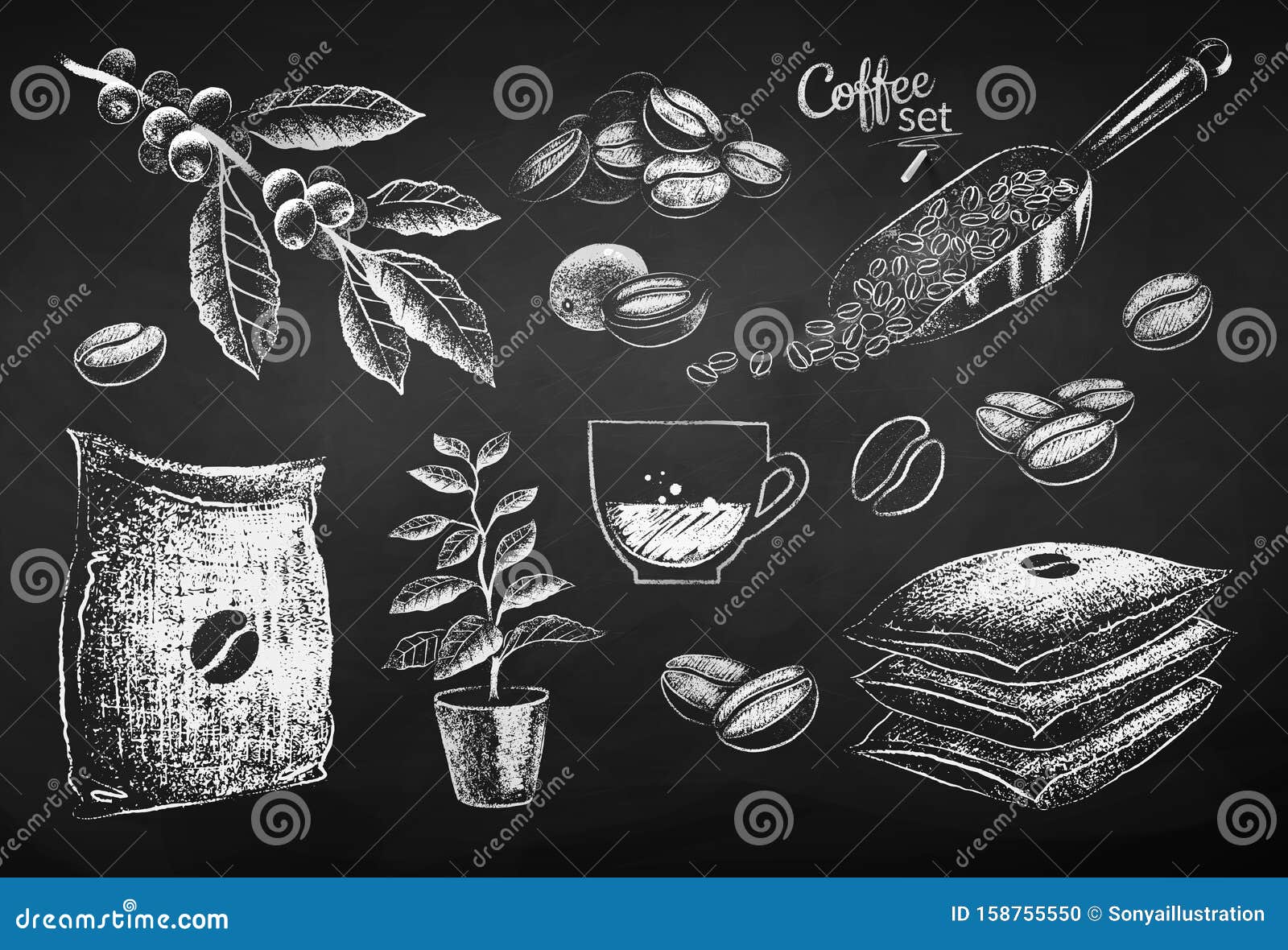 Chalk Drawn Collection of Coffee Items Stock Vector - Illustration of ...