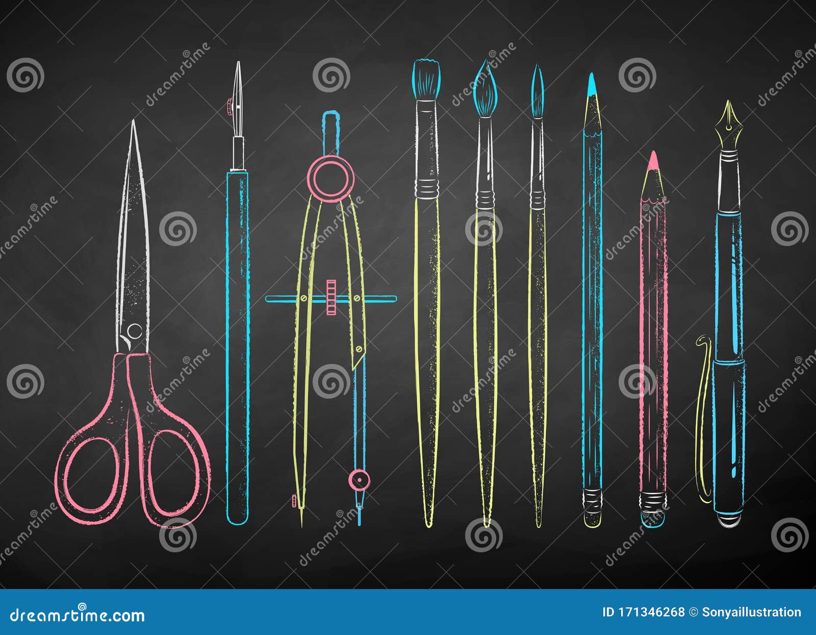 Chalk Drawn Collection of Drawing Tools Stock Vector - Illustration of ...