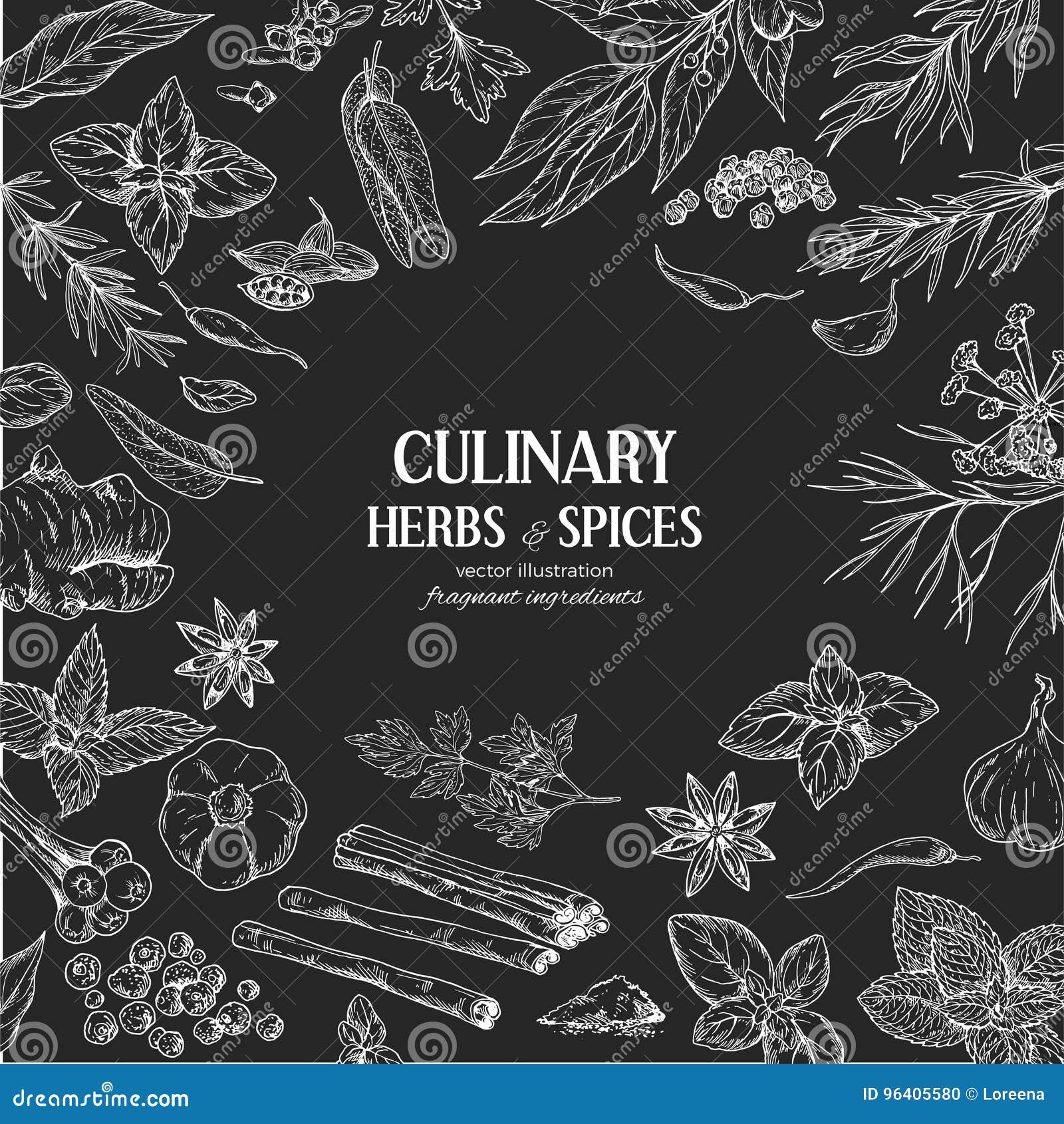 Chalk Frame Composed of Drawn Herbs and Spices on Black Background ...