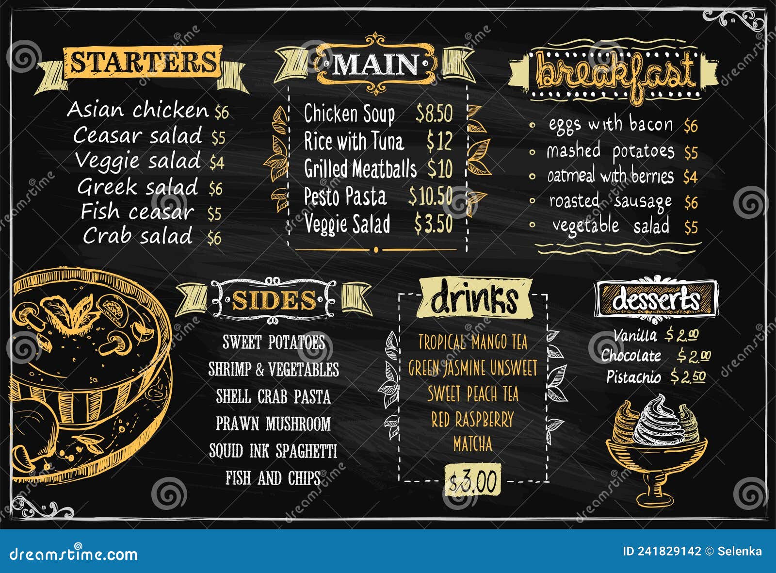 Chalk Menu Board, Vector Sketch Design Template for Cafe or Restaurant ...