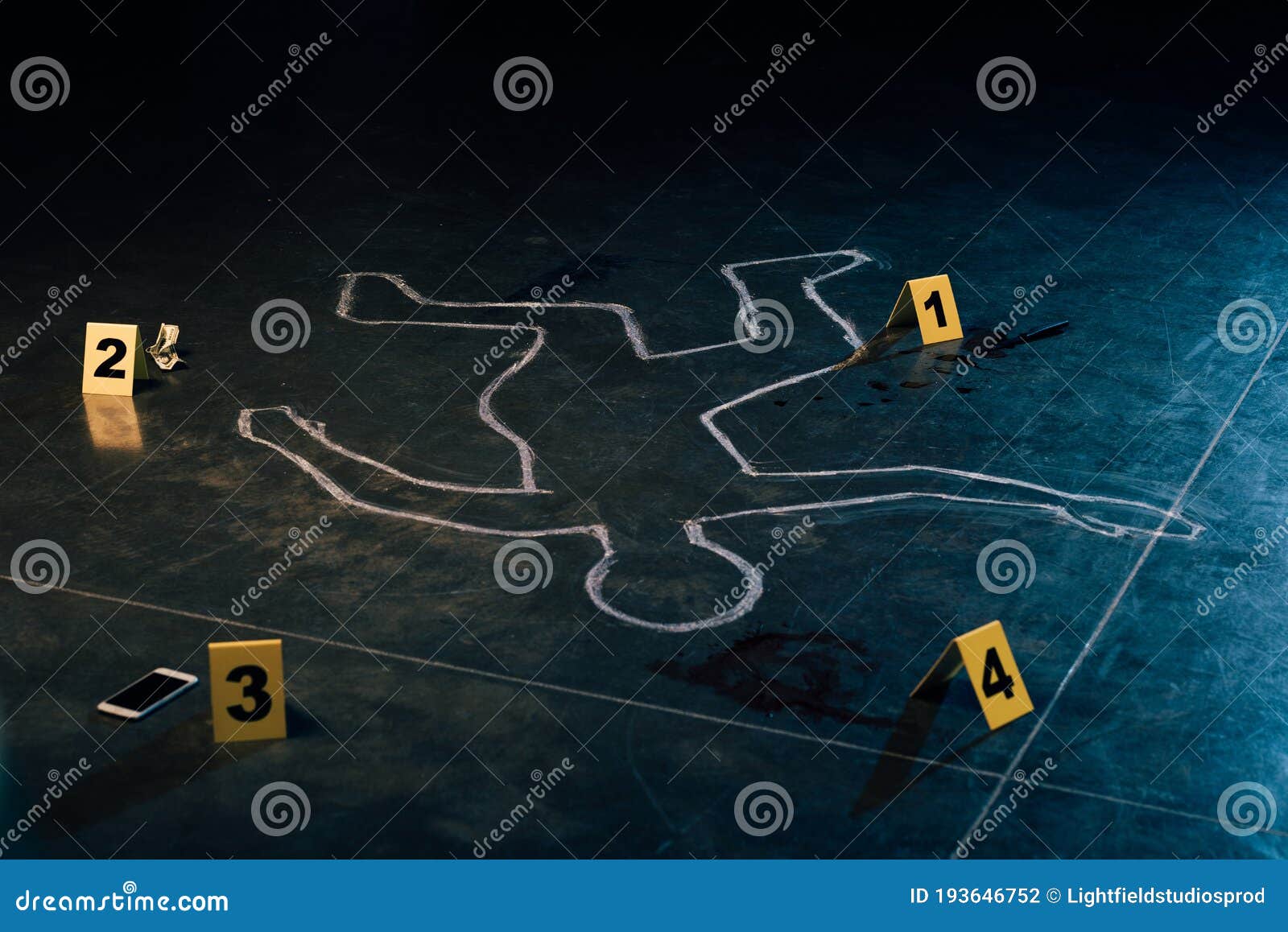 Chalk Outline and Evidence Markers Stock Photo - Image of evidences ...